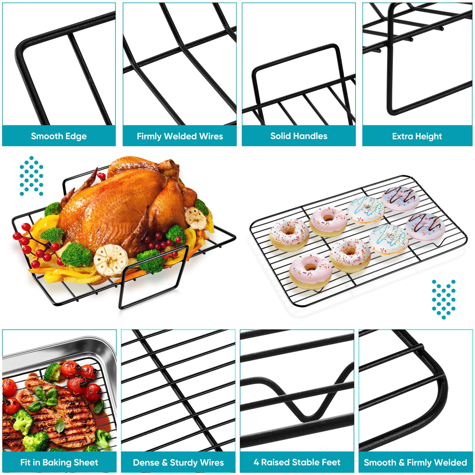 TeamFar Roasting Pan, 15ββ Nonstick Deep Lasagna Brownie Turkey Pan with V-Shaped Rack & Cooling Rack, with Stainless Steel Core & Nonstick Coating, Healthy & Sturdy Handles, Easy to Clean, Set of 3