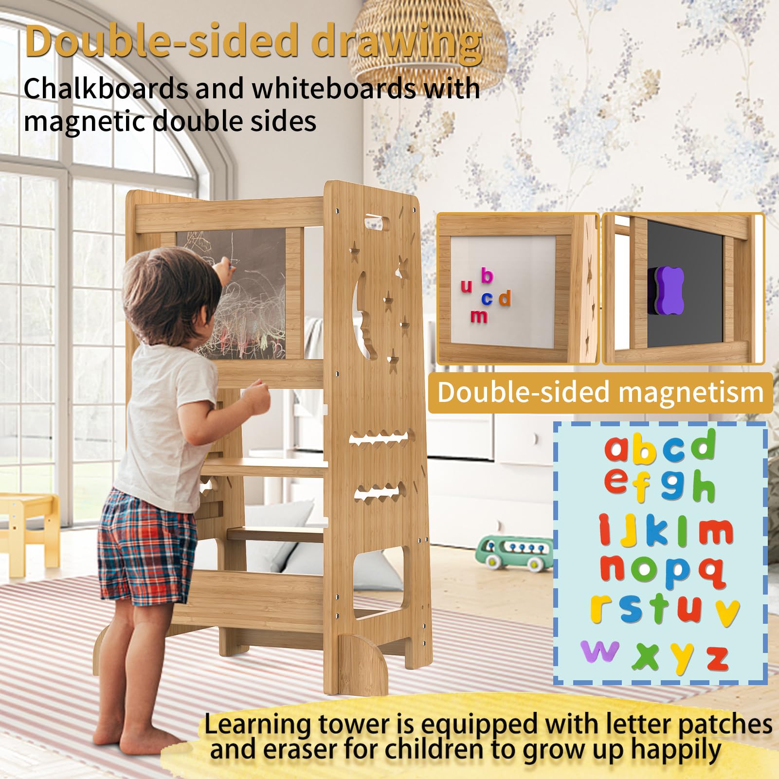 Wooden Kitchen Step Stool, 3 Heights Adjustable Toddler Standing Tower, Bamboo Toddler Kitchen Stool Helper with Black and White Chalkboard,Toddler Learning Tower for Bathroom, Cooking Helper