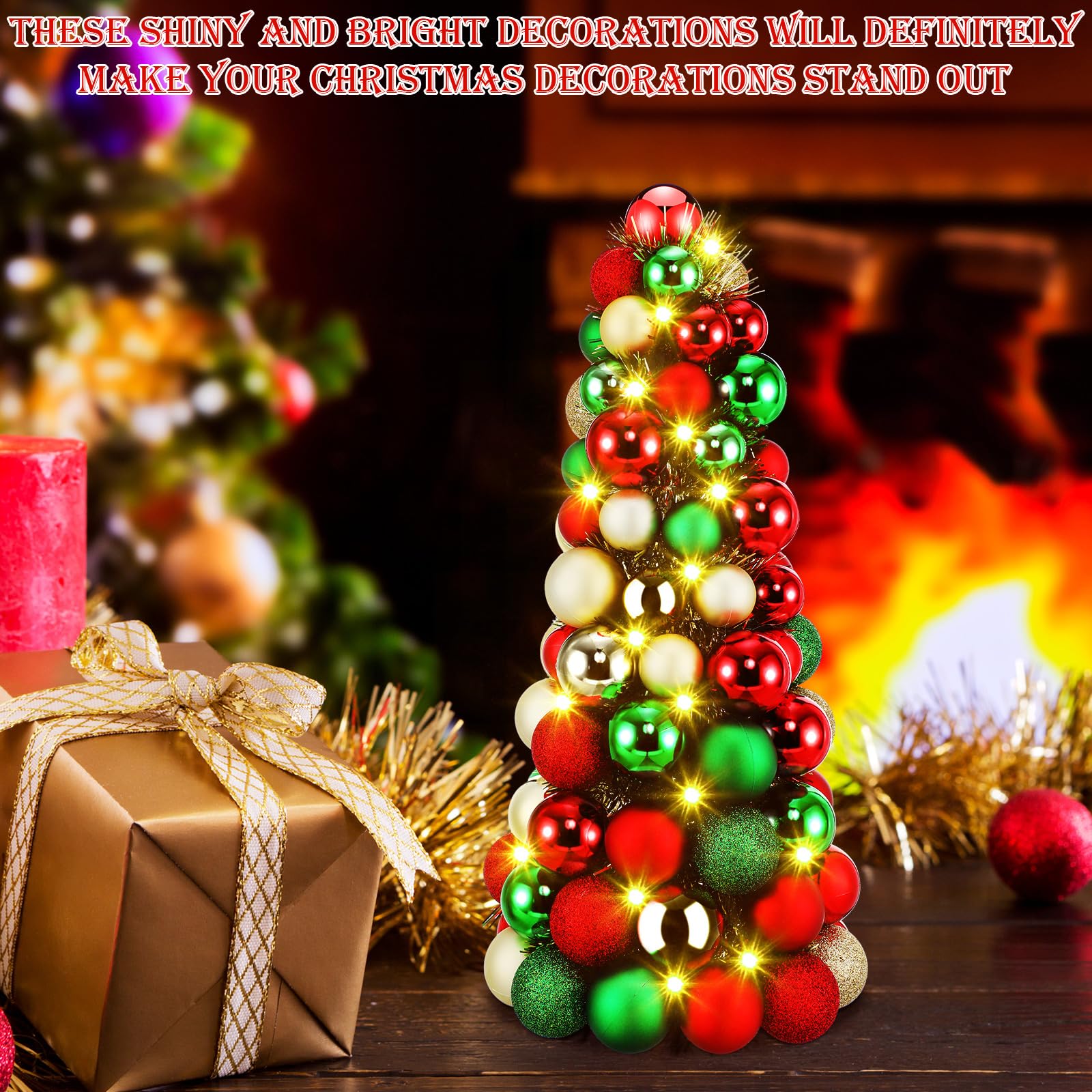 Yuxung 2 Pcs 16 Inch Christmas Ball Tree with 2 Led String Lights Mini Tabletop Cone Shaped Christmas Tree Ball Ornament Table Centerpiece for Xmas Holiday Room Decor (Red, Green and Gold)