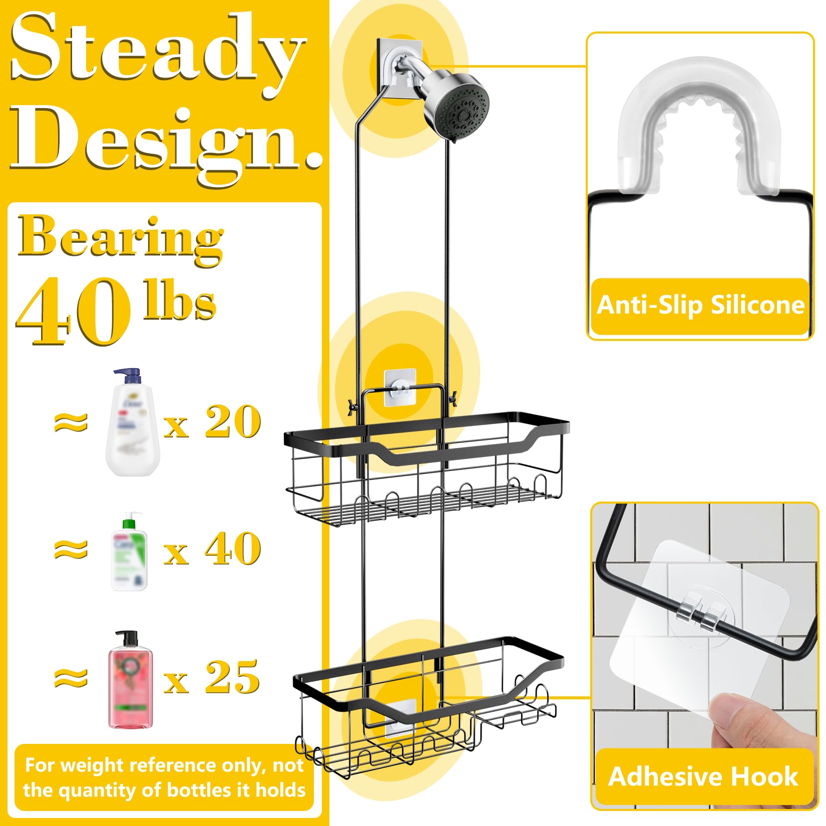 Skyapex Hanging Shower Caddy Over Showerhead: Extra Long Adjustable Shower Organizer Hanging No Blocking to Shower Head - Large Capacity Shower Caddy Hanging with Hooks Shampoo Soap Holder