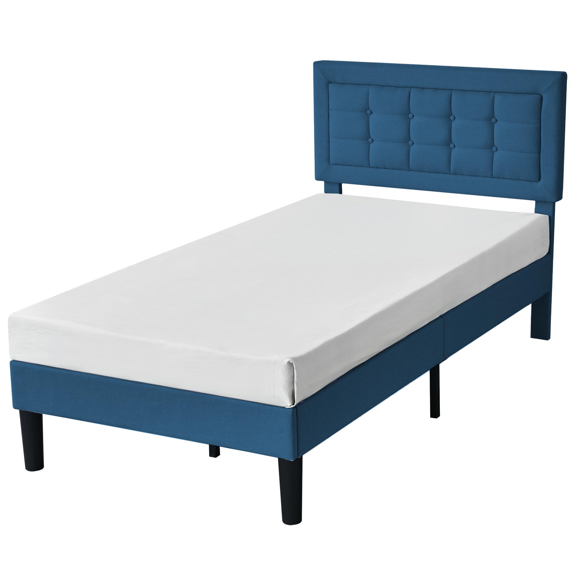 VECELO Twin Size Bed Frame with Adjustable Headboard, Upholstered Button Tufted Platform Bedframe with Wood Slats Support, No Box Spring Needed, Linen White