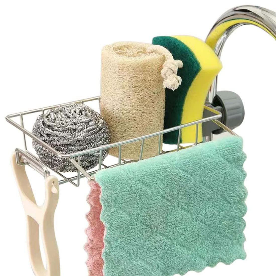 Vilehubju Faucet Storage Rack, Stainless Steel Sink Rack Removable Hanging Faucet Drainage Rack for Kitchen Bathroom Can Be Placed with Sponges Hand Sanitizer Soap Brushes Towels (Silver)