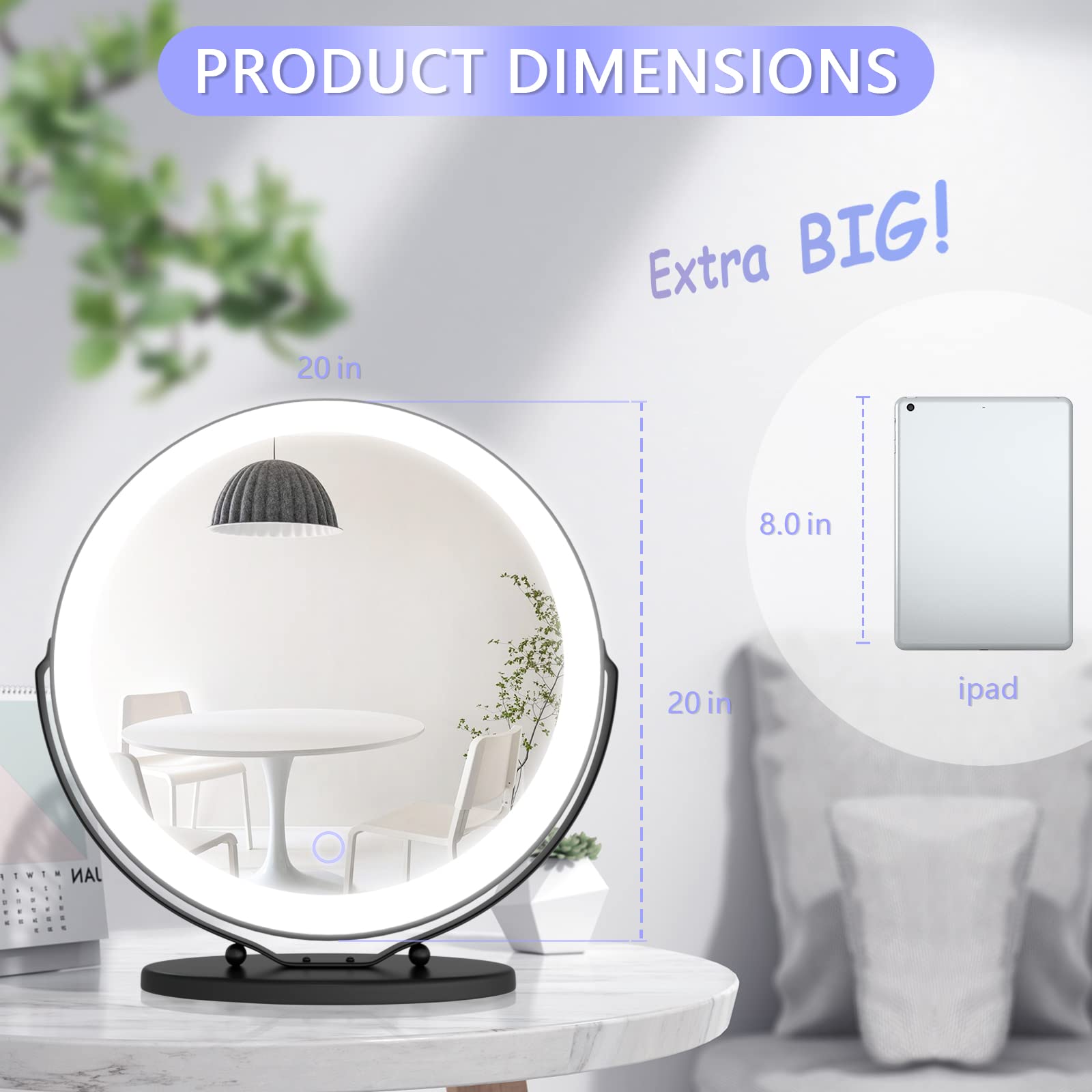 Vierose 20 inch Large Vanity Makeup Mirror with Lights, 3 Color Lighting Modes | Round Lighted Up Makeup Mirror with Dimming LED Halo for Dressing Room & Bedroom Tabletop, Touch Control (Black)