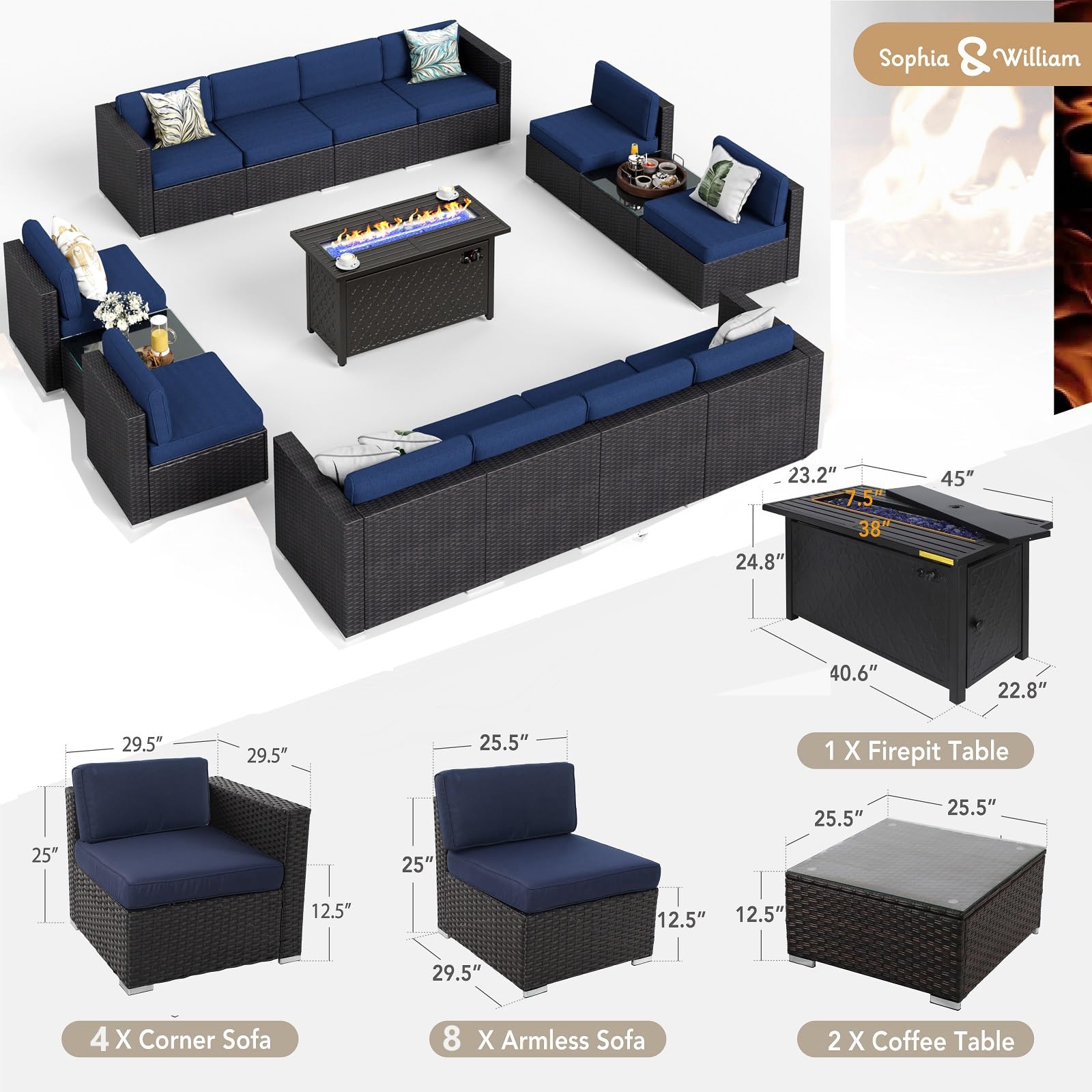 Sophia & William Patio Furniture Set with Fire Pit Table,15 Piece Outdoor Wicker Conversation Set with 45-Inch Fire Pit, Rattan Sectional Sofa, Navy Blue