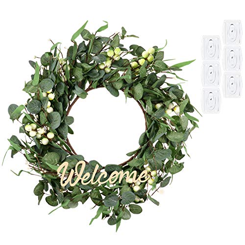 Welcome Wreath Decorations Artificial Eucalyptus Leaves Decorations Wreath Christmas Wreath Holiday Decor with Welcome Wood Board and Plastic Hooks for Home Window Wall Farmhouse Indoor Outdoor