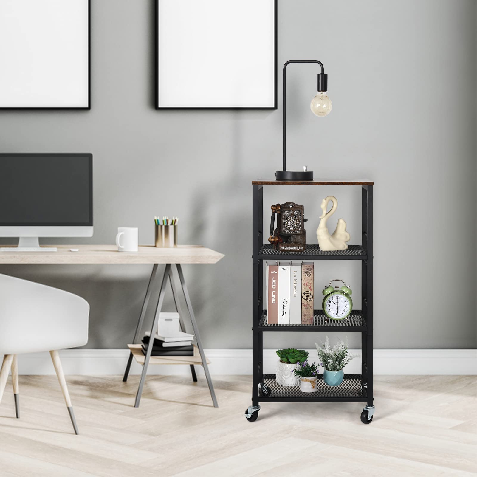 Vrisa Rolling Cart Kitchen Cart on Wheels 4 Tier Utility Microwave Oven Stand Mesh Metal Rolling Storage Cart Coffee Bar for Kitchen Bathroom Living Room Rustic