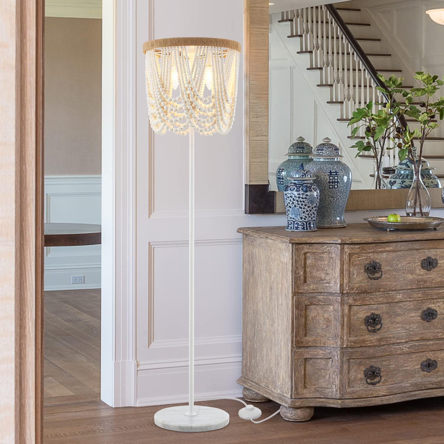 VILUXY Bohemia Wood Beaded Boho Floor Lamp Antique Rustic White Finishing for Bedroom, Nursery Room, Dining Room,Girl Room 3-Light