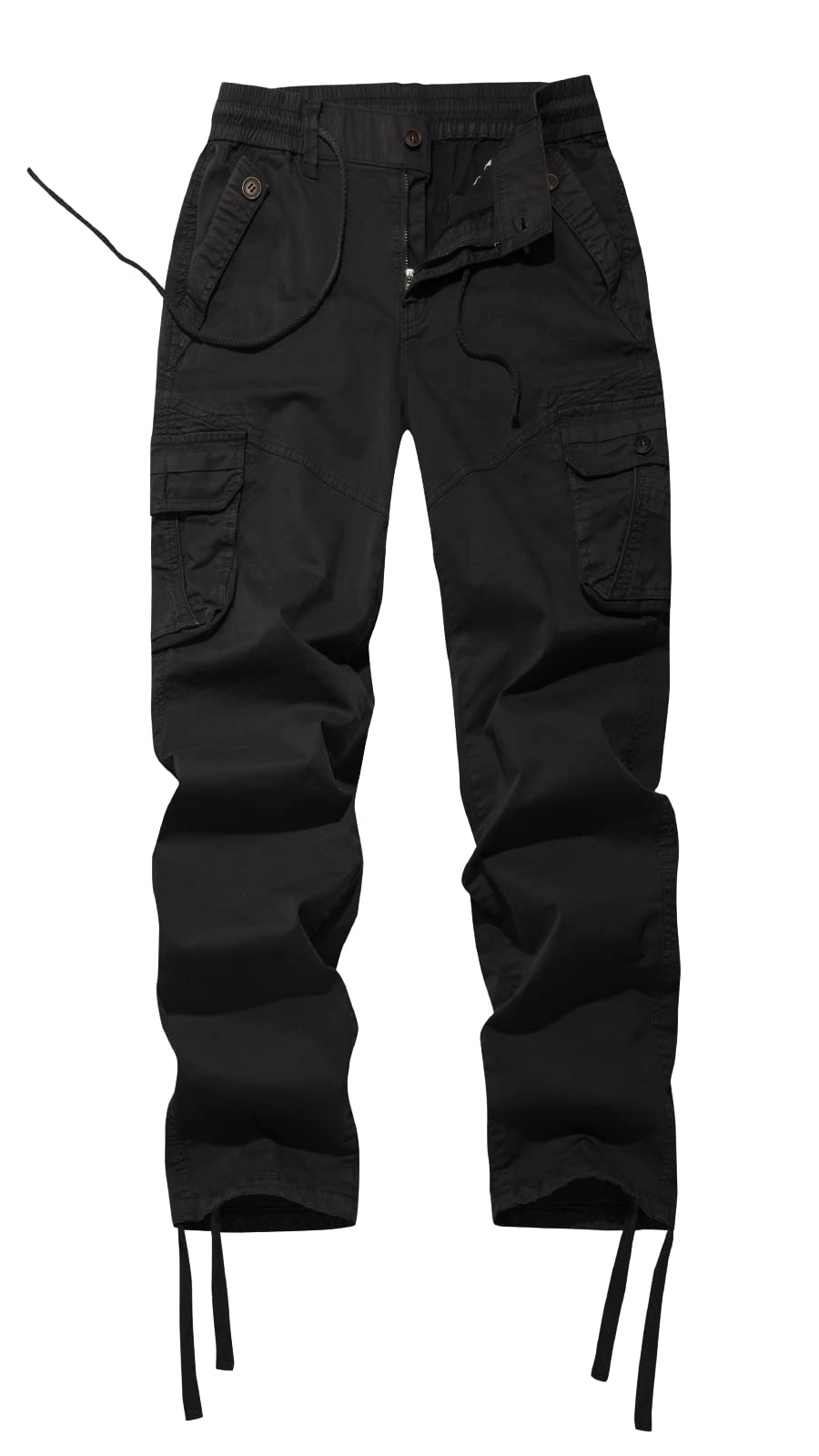 Women's Drawstring Stretchy Waist Relaxed Fit Cotton Outdoor Tactics Combat Multi Pocket Cargo Hiking Pants Black 2XL