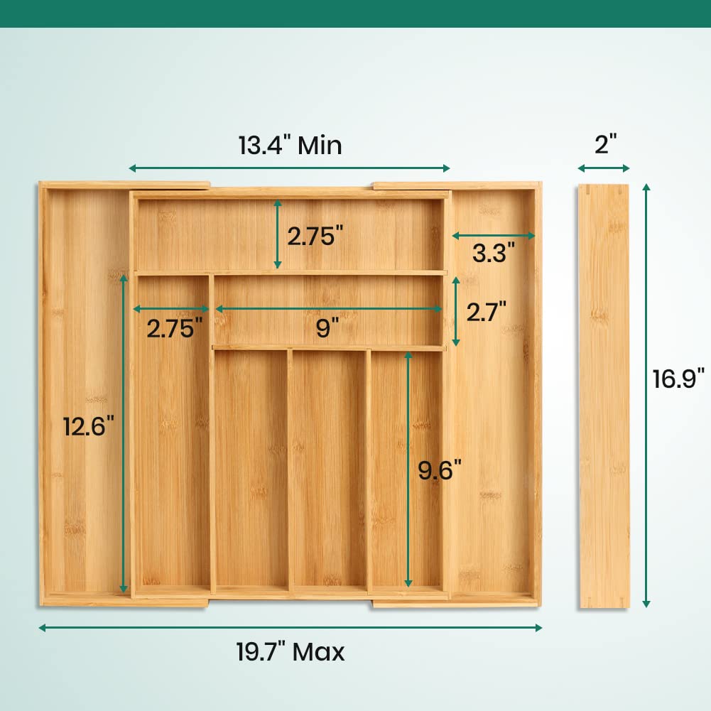 TreeLen Bamboo Expandable Drawer Organizer, Adjustable Cutlery Organizer in Drawer, Kitchen Utensil Organizer Silverware Tray for Drawer, Cutlery Tray Utensil Tray, Silverware Holder for Drawer