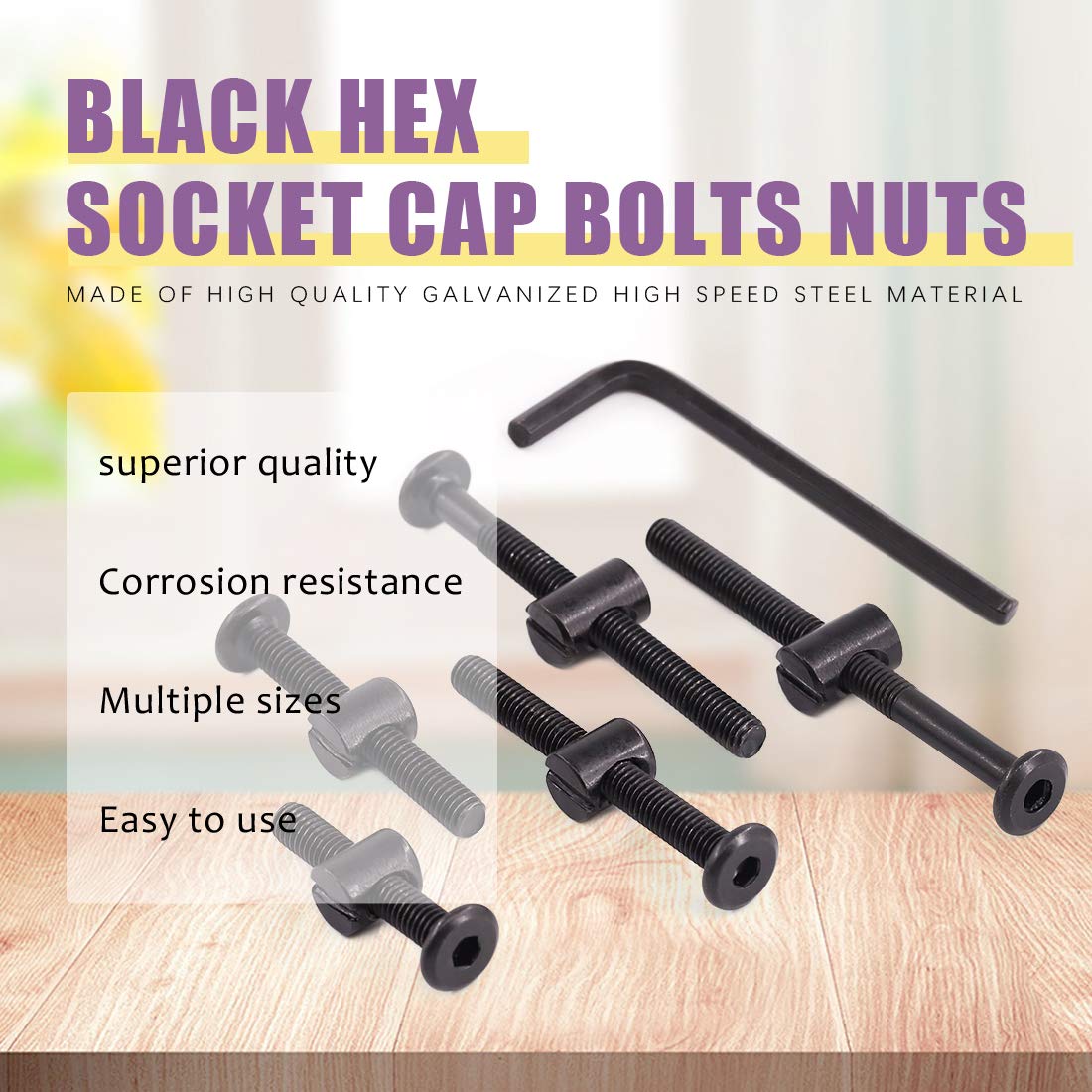 Swpeet 120Pcs Crib Hardware Screws, Black M6 × 35/45/55/65/75mm Hex Socket Head Cap Crib Baby Bed Bolt and Barrel Nuts with 1 x Allen Wrench Perfect for Furniture, Cots, Crib Screws