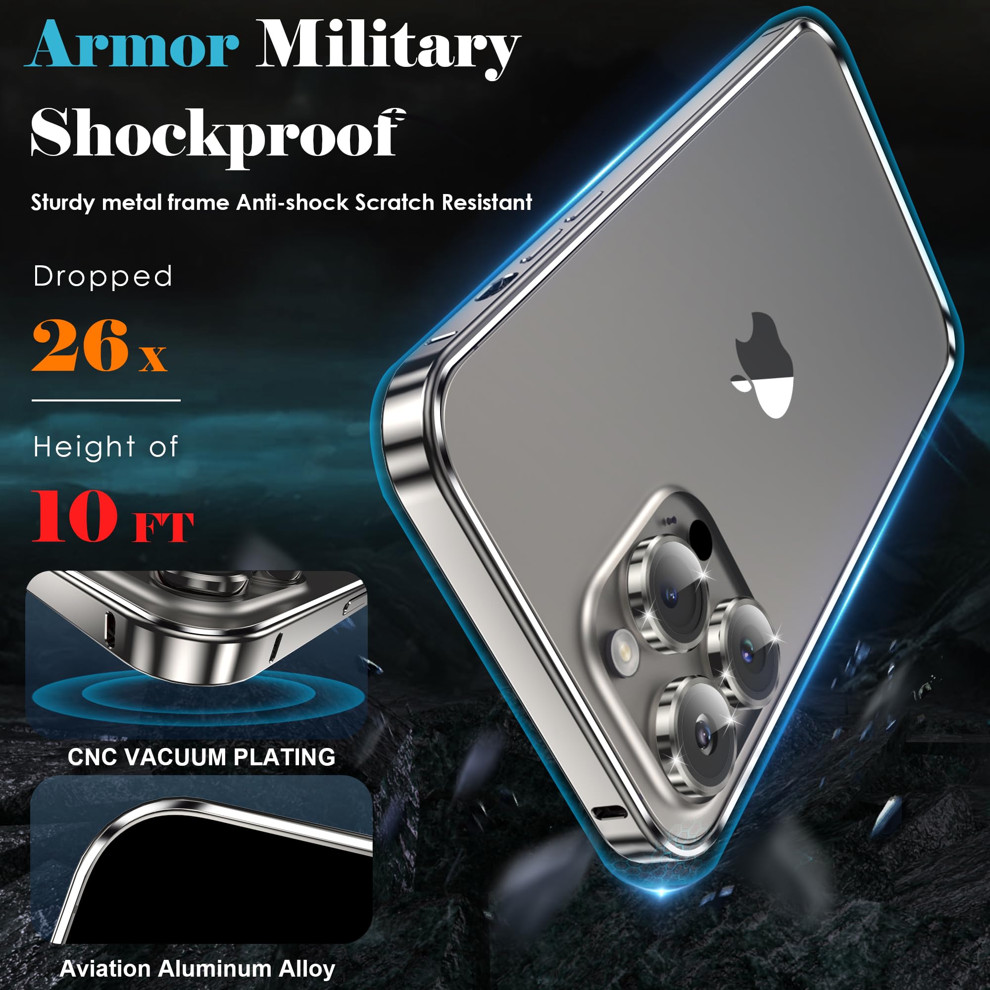 YMHML 3 in 1 Case for iPhone 15 Pro Max Titanium Frame with Screen Protector and Camera Lens Protector Tempered Glass, Metal Bumper Slim Hard Edge Full Drop Protection Accessories, Natural Titanium