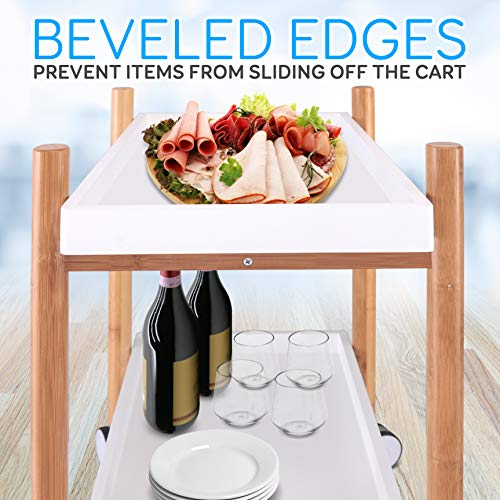 SereneLife Bar Carts for The Home, 2 Tier Bamboo Bar Cart with Wheels and Removable Trays for Serving Food, Wine, Coffee