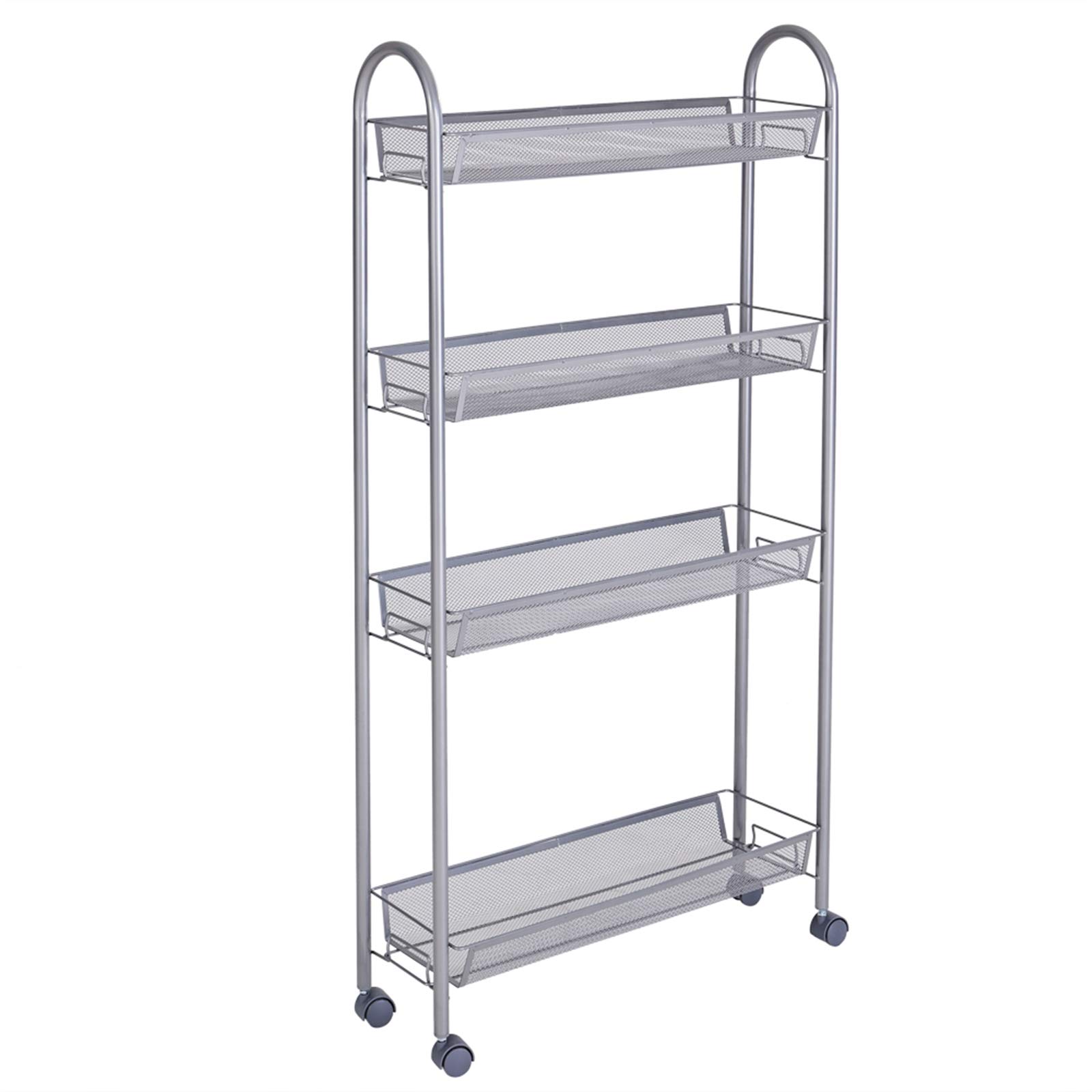 Slim Rolling Storage Cart,4 TierUtility Cart Mobile Slide Out Organizer,Laundry Room Organization,Mobile Shelving Unit Bathroom Organizer for Kitchen,Bathroom,Laundry Room,Narrow Places (Silver)