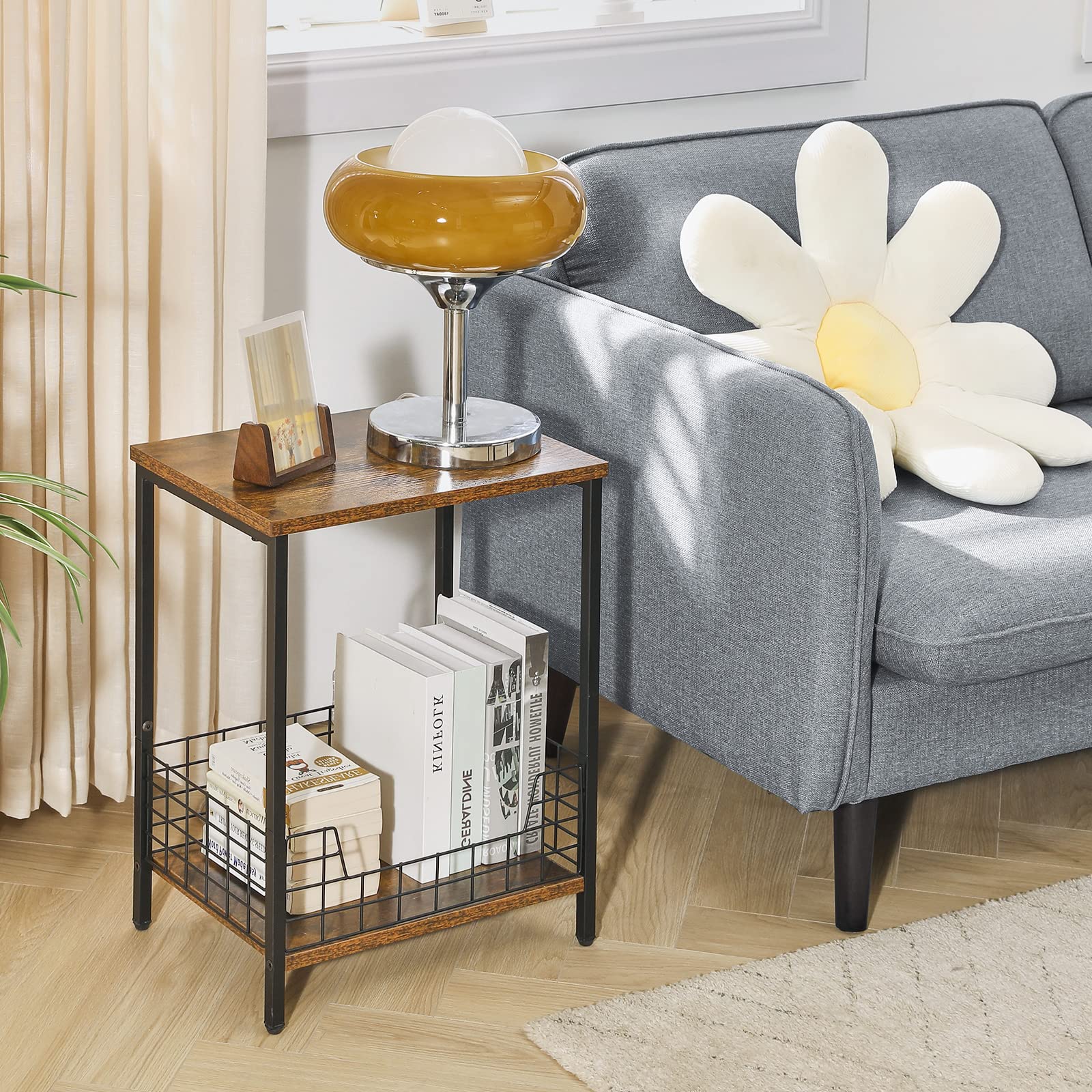 YMYNY 2-Tiers End Table, Side Table with Storage Shelves, Small Nightstand, Industrial Couch Table, for Study, Office, Living Room, Bedroom, Record Player Stand 20.5*15.7*11.4" Rustic Brown UHST001H