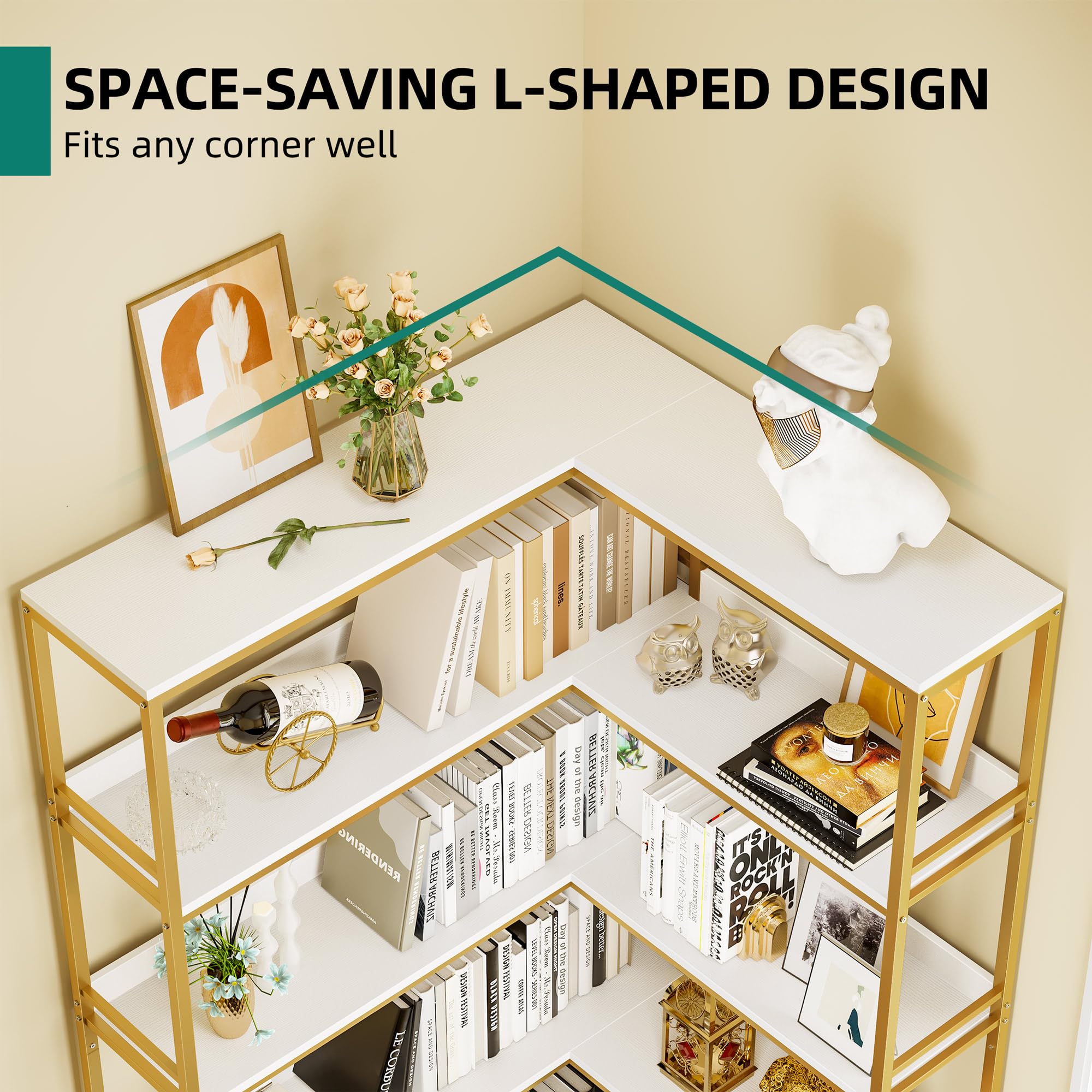 YITAHOME 5 Shelf Bookcase Large Gold Bookshelf, 5 Tier Open Corner Bookshelf, 71" Tall Modern Display Rack Storage Shelves for Living Room, Bedroom, Home Office, Kitchen, White & Gold