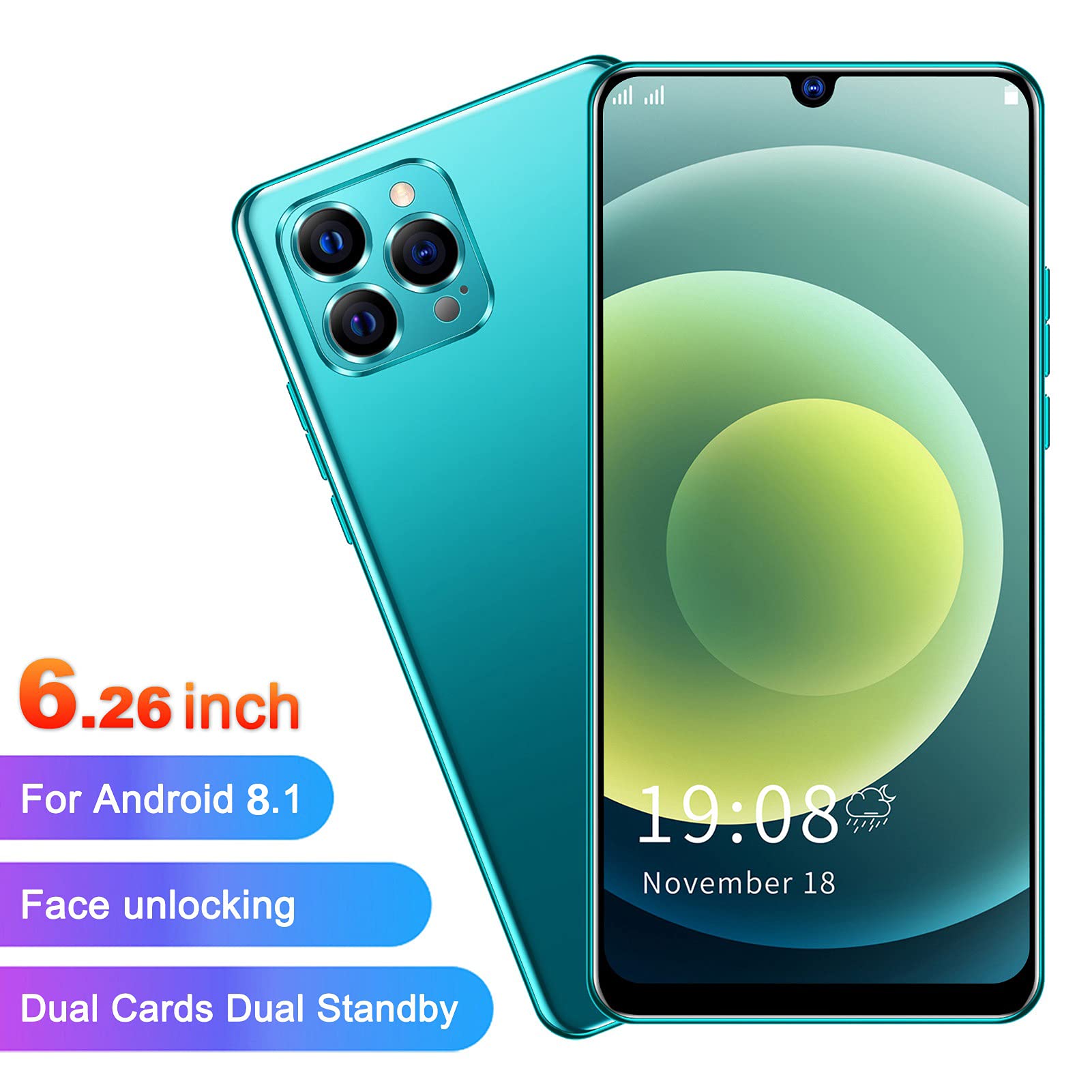 Yunseity IP12 PRO Unlocked Smartphone,6.26in Full Screen Dual SIM Cell Phone,Face Recognition Unlocked Smartphone(Green)