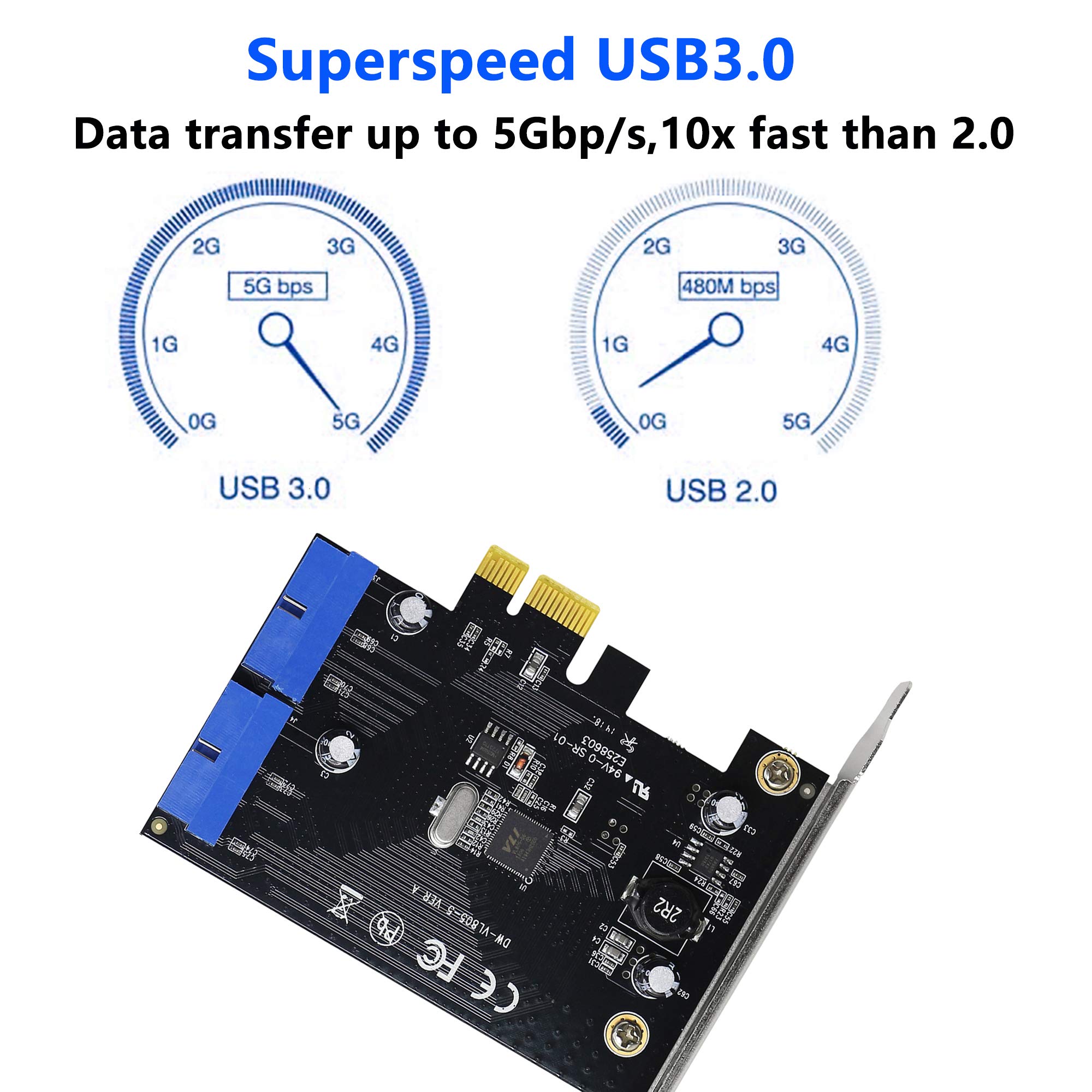 SinLoon PCI Express to Dual 19 Pin USB 3.0 Card PCI-e to Internal 20Pin Male Ports Adapter for PC (19 Pin)