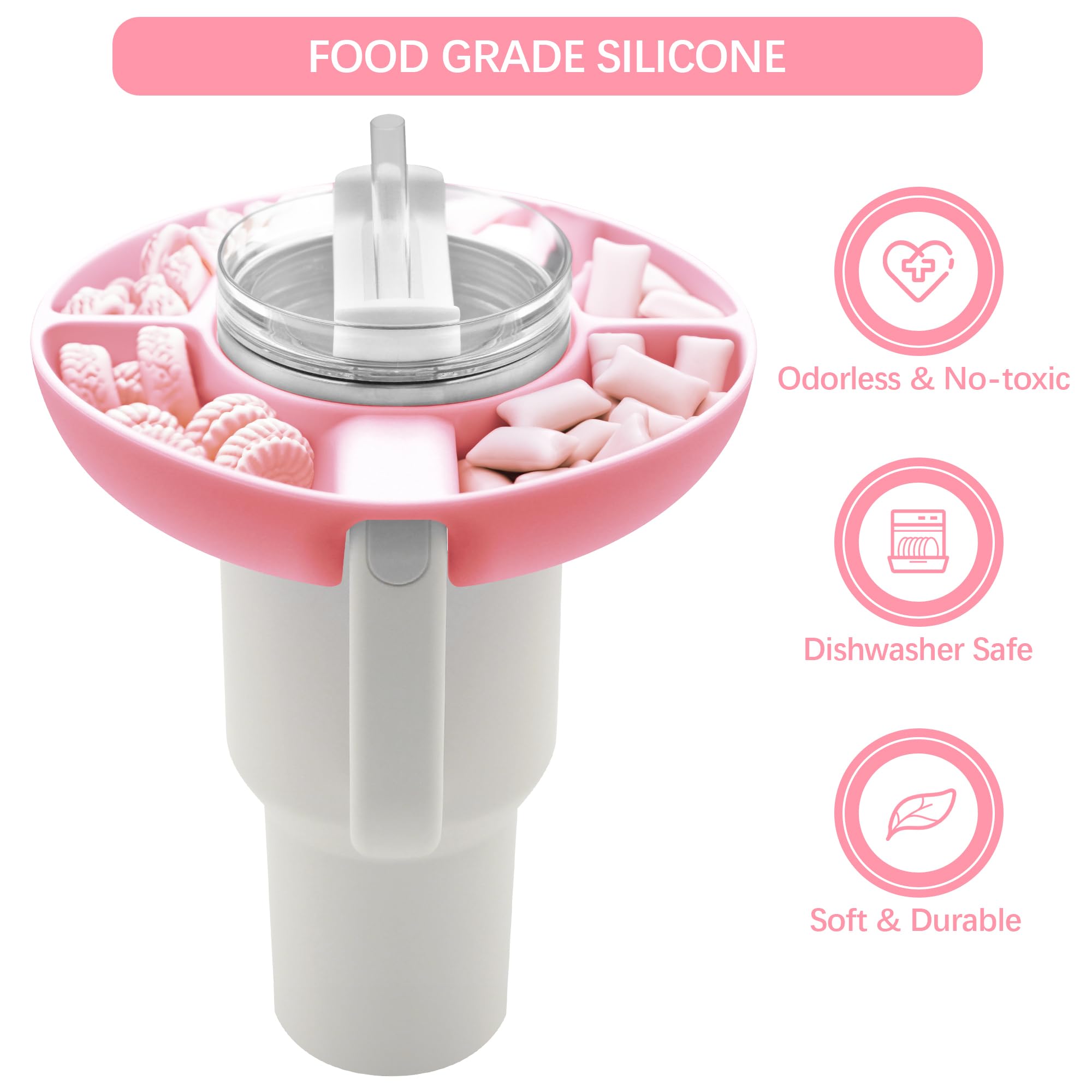 Snack Bowl for Stanley Cup, Silicone Snack Tray Compatible with Stanley Cup Quencher 1.0/2.0 40 oz Tumbler with Handle, Reusable Snack Ring for Home, Snack Container for Stanley Cup Accessories, Pink