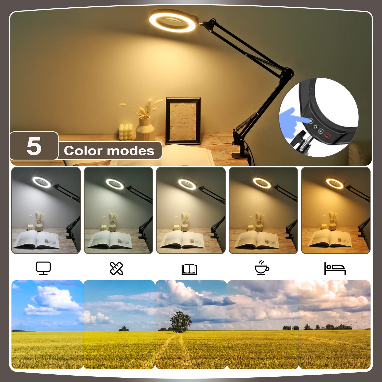 VEEMAGNI 5 Inch Large Magnifying Glass with Light and Stand, 5 Color Modes Stepless Dimmable, Long Swivel Arm LED Clamp Desk Lamp, Hands Free 8X Lighted Magnifier for Close Work Craft Hobby Soldering