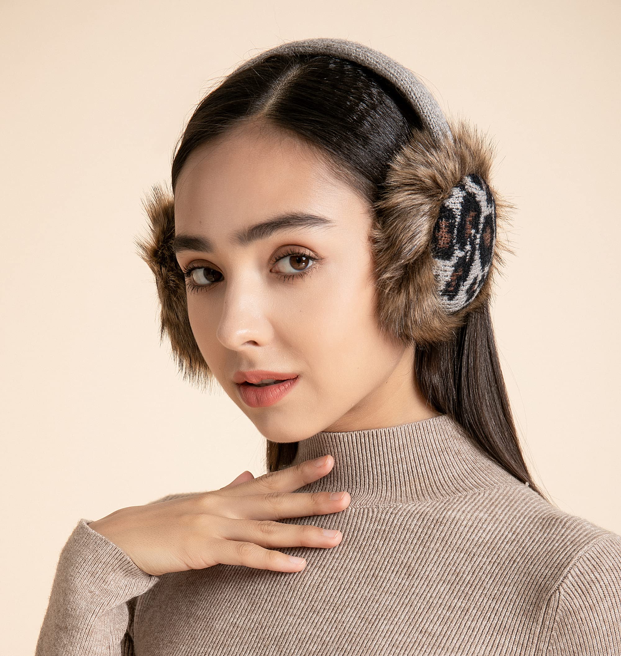 ZLYC Winter Faux Fur Adjustable Earmuffs Cute Knit Fuzzy Ear Muffs for Women Girls (Leopard Gray)