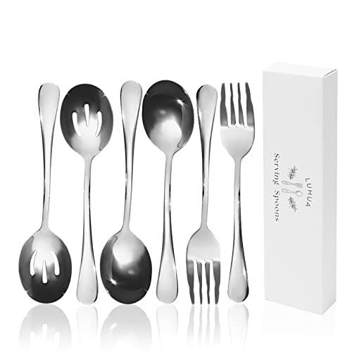 Serving Spoons Set(2023 New)Stainless Steel Serving Utensils Include Serving Spoon Slotted Spoon Serving Forks for Buffet, Parties, Catering and More (Silver)