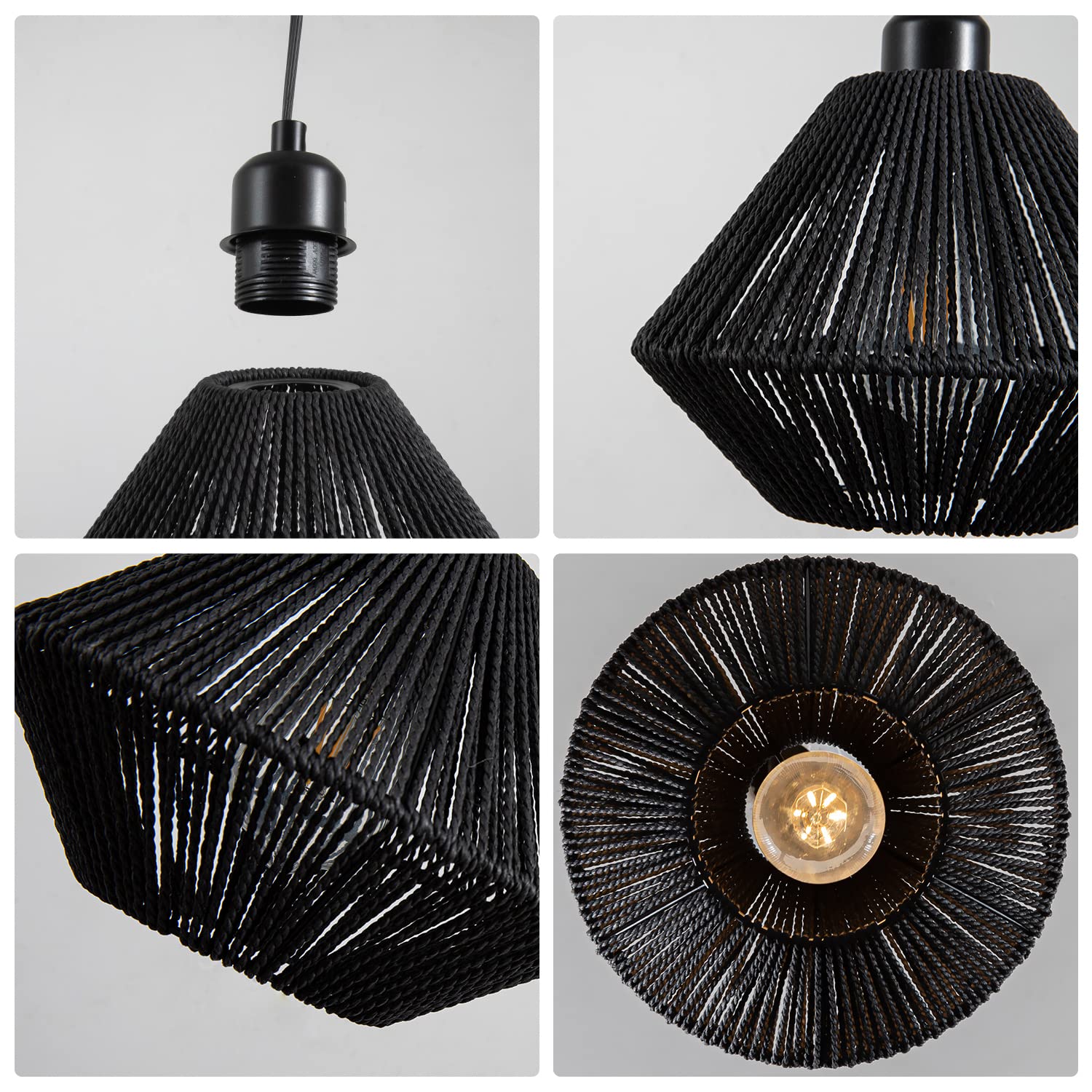 YongMing CL Black Woven Plug in Pendant Light Fixture, 9.65ββ Rustic Farmhouse Pendant Hanging Light with Plug in Cord & On/Off Switch for Kitchen Island Living Dining Room Bedroom Foyer