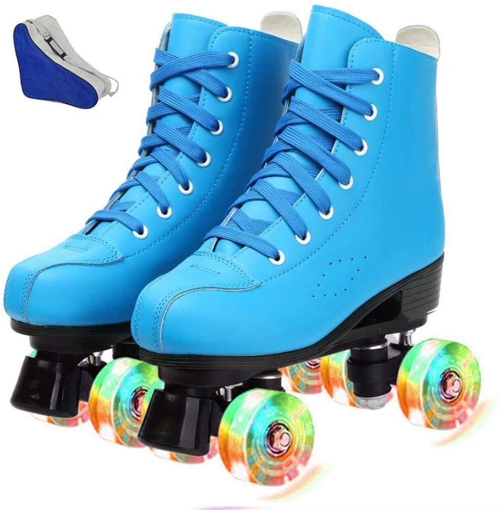 Women's Roller Skates, Adjustable PU Leather High Top Double Row Skates, Classic Shiny Roller Skates for Beginner Kids Adults and Youth Indoor and Outdoor Use, with Bag (Blue Flash)