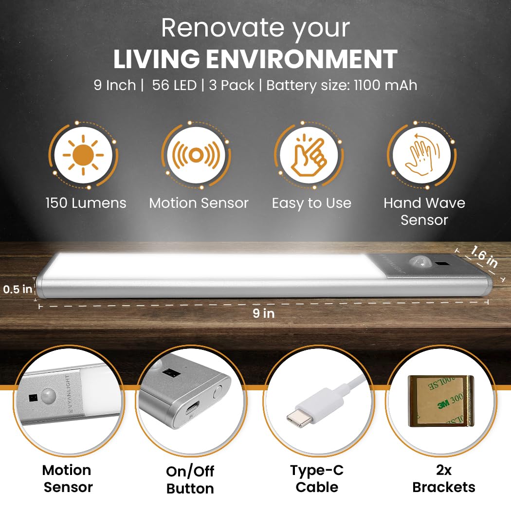 VYANLIGHT Kitchen Under Cabinet Lights - Wireless Motion Sensor LED Light Strips for Pantry, Closet, Bathroom β Rechargeable Battery Operated Cabinet Lighting with Hand Wave Sensor (3 Pack)