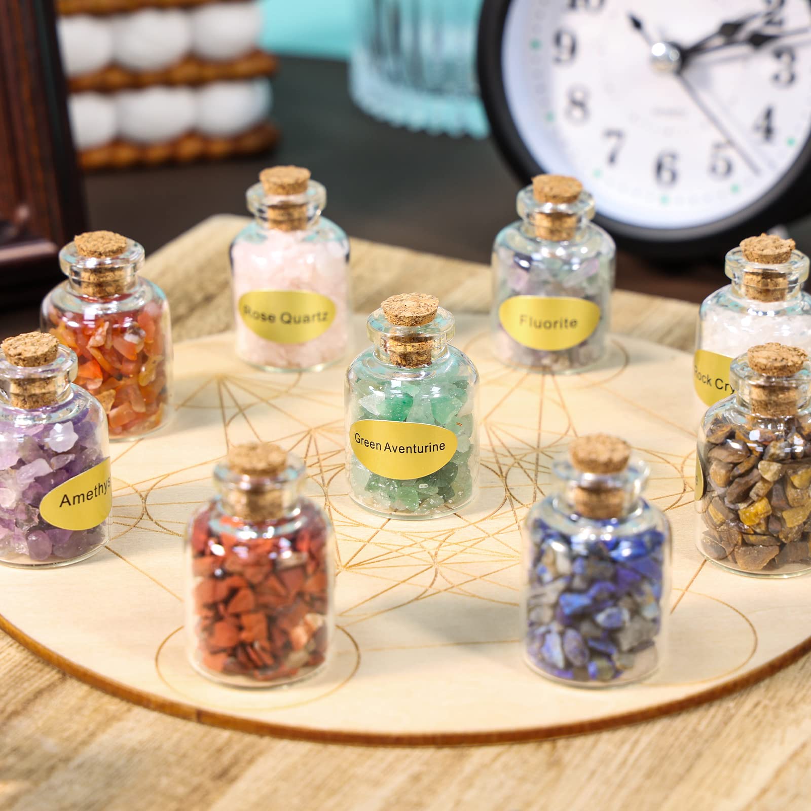 SUNYIK 9 Mini Gemstone Bottles Chip Crystal Healing Tumbled Gem Reiki Wicca Stones Set
