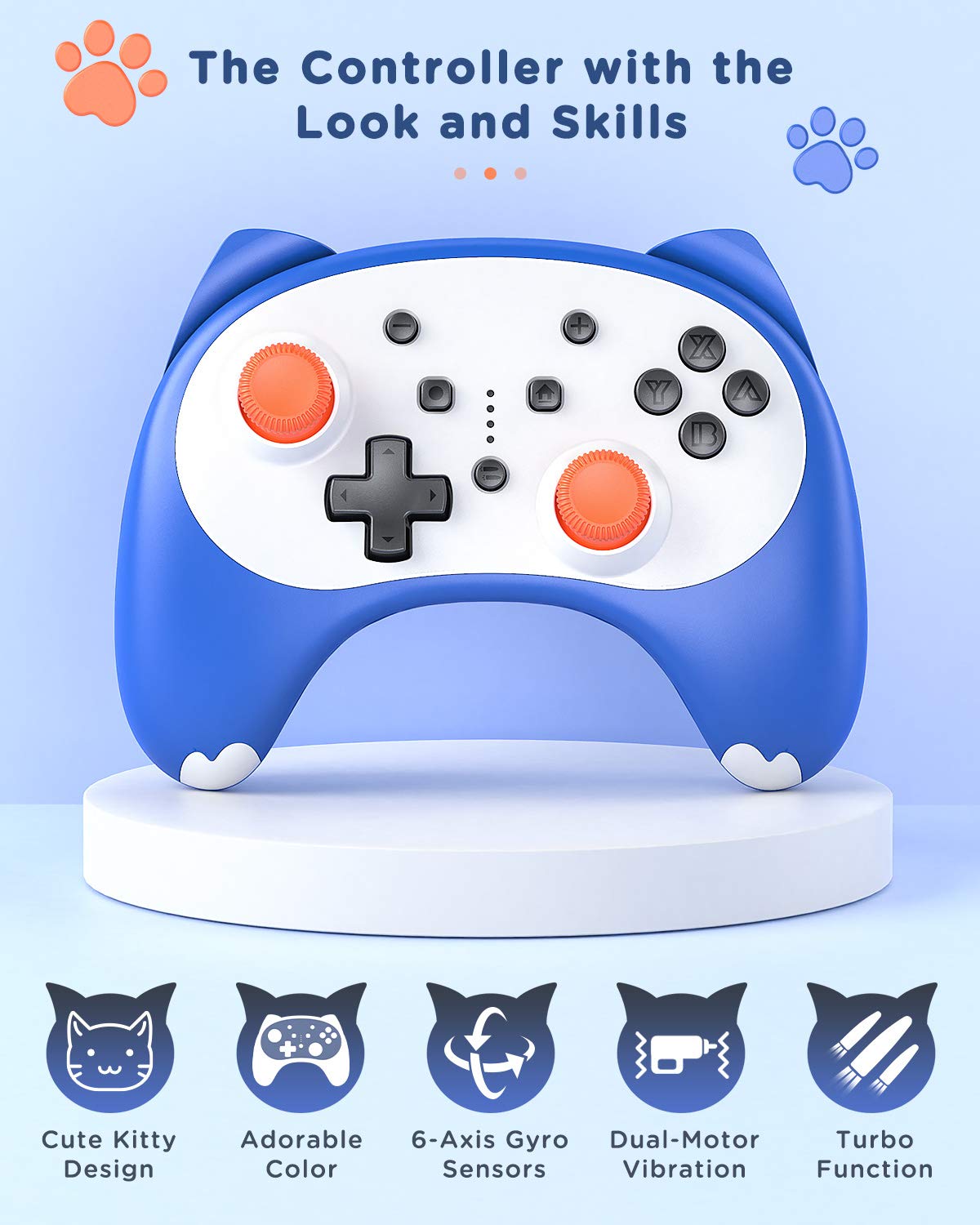 Vivefox Wireless Switch Pro Controller for Nintendo Switch/Lite Switch Remote Joypad Gamepad Replace for Nintendo Switch Cartoon Controller with Gyro Axis, Vibration, Turbo, Headphone Jack - Blue