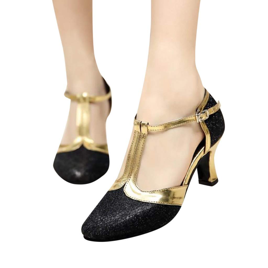 Women's Ballroom Tango Latin Salsa Dancing Shoes Sequins Shoes Social Dance Shoe Teal Heels Women Wedding (Black, 7.5)