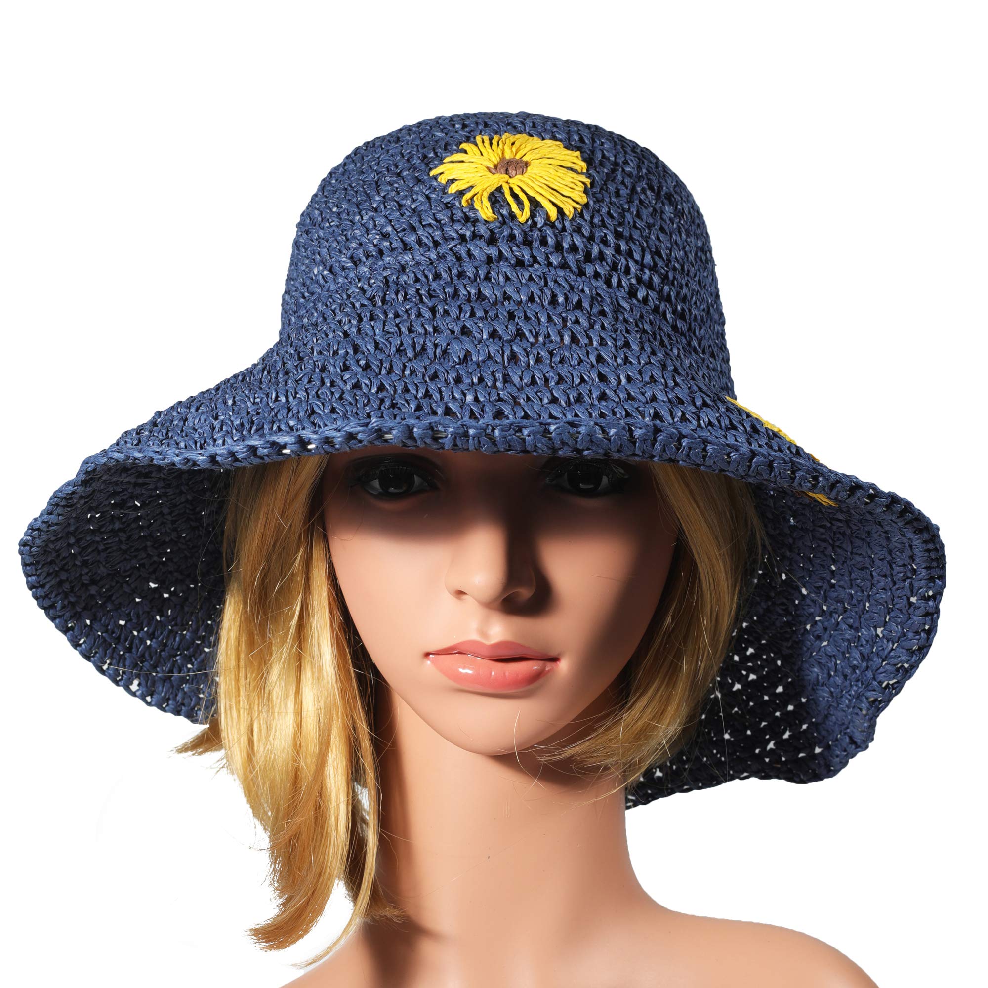 ZLYC Women Wide Brim Floppy Sun Hat Foldable Summer Straw Hat Bucket Beach Hats (Sunflower Khaki)