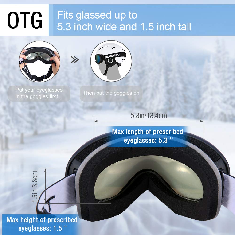 TOMSHOO Ski Goggles Windproof Snow Goggles Fit Over Glasses, Anti-Fog UV Protection Non-Slip Strap Ski Snowboard Goggles