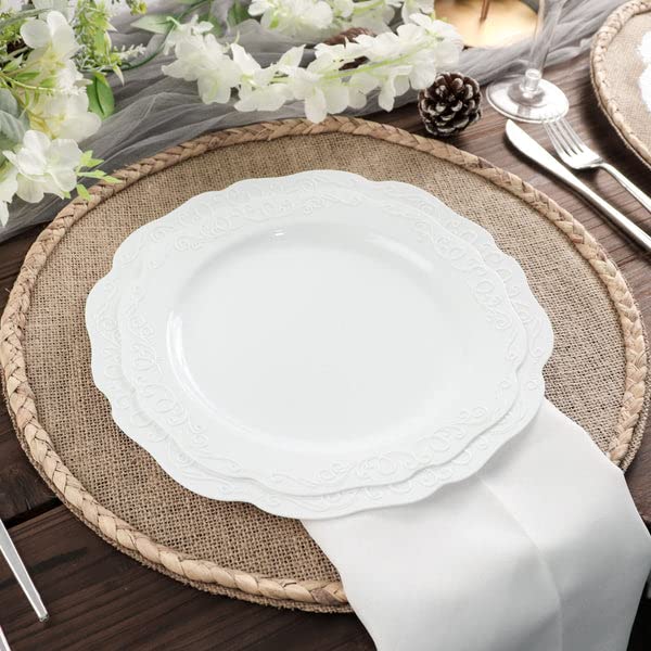TABLECLOTHSFACTORY 4 Pack | 15" Round Natural Rustic Burlap Jute Placemats Braided Edges, Farmhouse Placemats with Trim