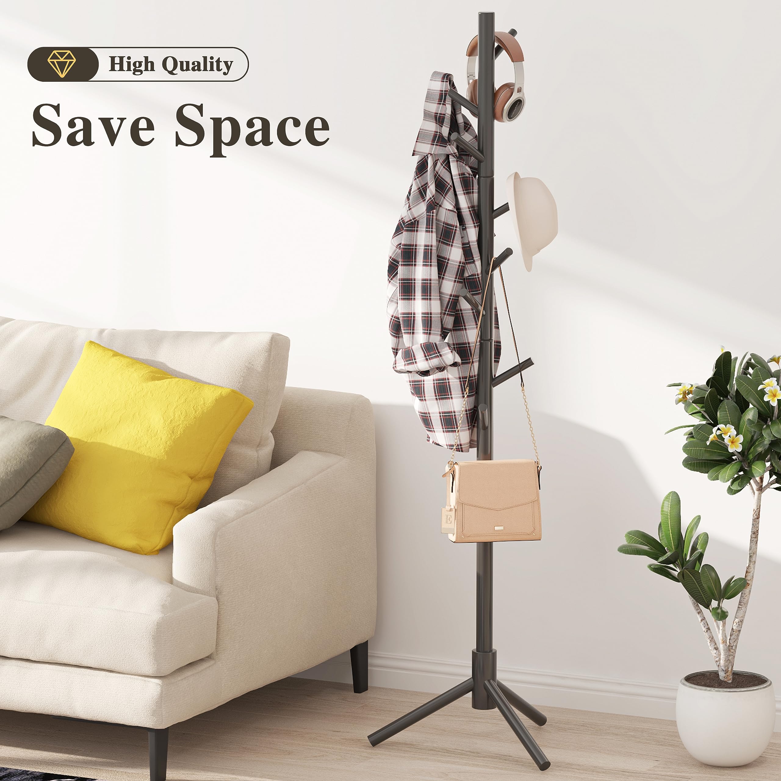 Z&L HOUSE Coat Racks Free Standing, Simple Solid Wooden Coat Tree, 8 Hooks and Adjustable Size Coat Hanger Stand, Used in the Office Bedroom Living Room to Hang Clothes, Hat, Bag Black