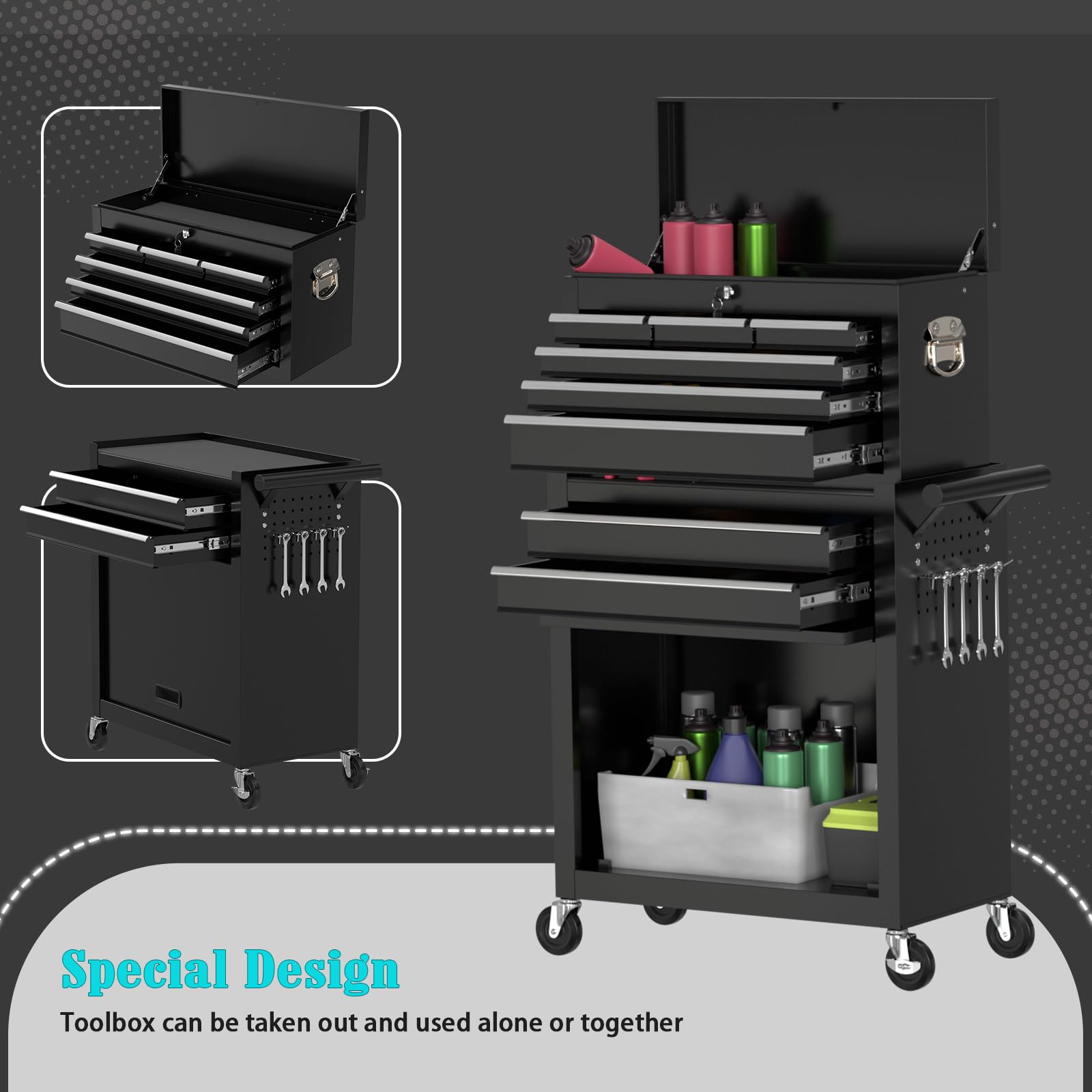 Yenntrss 8-Drawer Rolling Tool Chest & Removable with Wheels,Large Tool Storage Cabinet with Drawers for Garage,Toolbox Organizer with Lock for Mechanics,Warehouse,Worlshop (Black)