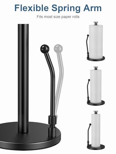 SMARTAKE Paper Towel Holder, Paper Towel Dispenser Standing Weighted Base Non Slip, Spring Arm Fit Most Size Paper Roll, Stainless Steel Paper Towel Holder for Home Kitchen Countertop Tabletop, Black