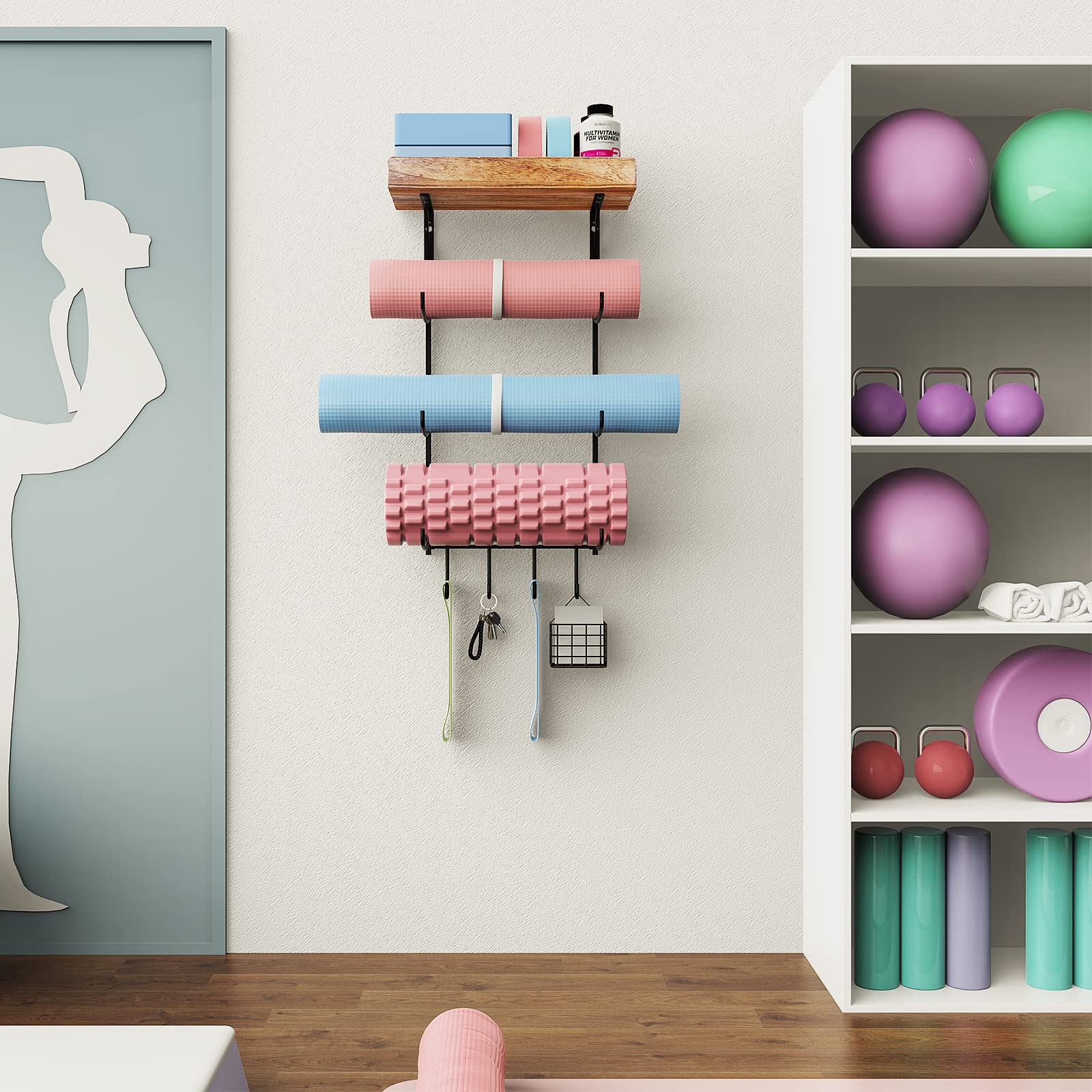 Yoga Mat Holder Wall Mount, Yoga Mat Storage with 4 Hooks, Home Gym Accessories with Wood Floating Shelf Decor Wall Hanger 4-Layer Organizer Rack for Foam Roller Resistant Bands Workout Equipments