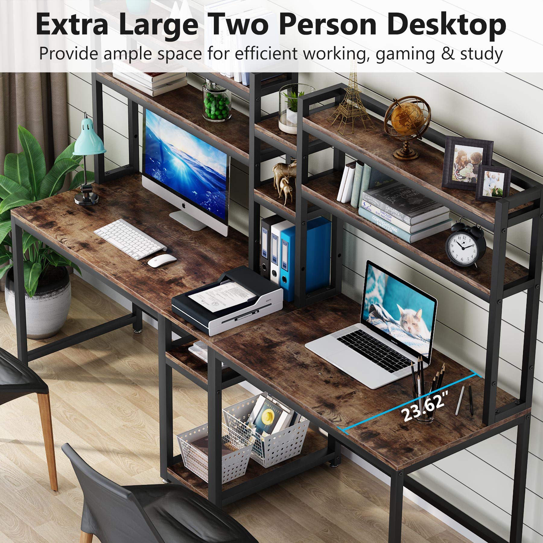 Tribesigns 90.5 inches Computer Desk with Hutch, Extra Long Two Person Desk Double Workstation with Storage Shelves, Large Office Desk Study Writing Tabl with Tower Shelf for Home Office, Rustic Brown