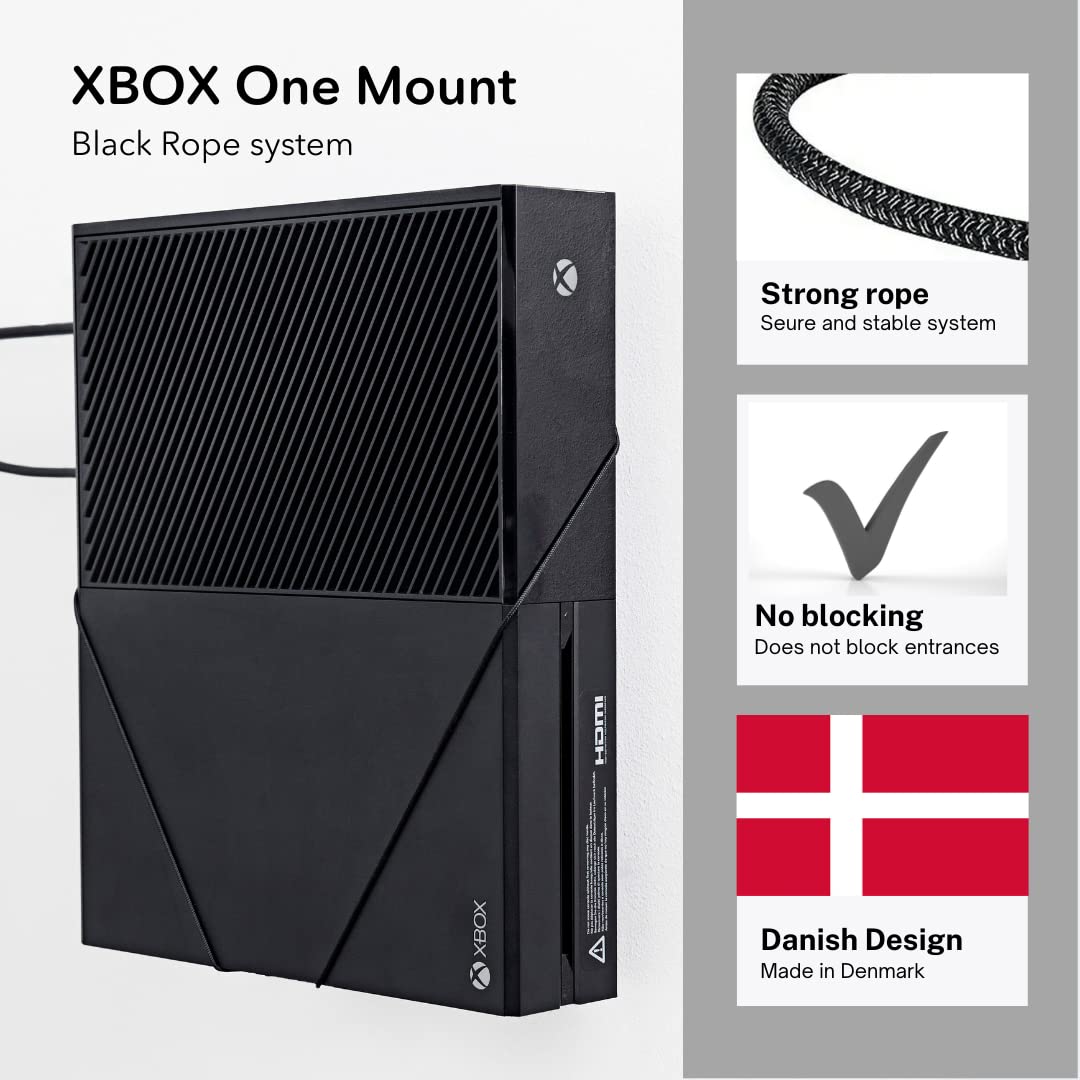 Xbox One Original Wall Mount Solution by FLOATING GRIP - Mounting Kit for Game Consoles - Effective Ventilation, Easy-to-Install System (Bundle: Fits Xbox One Original + 2X Controllers, Black)