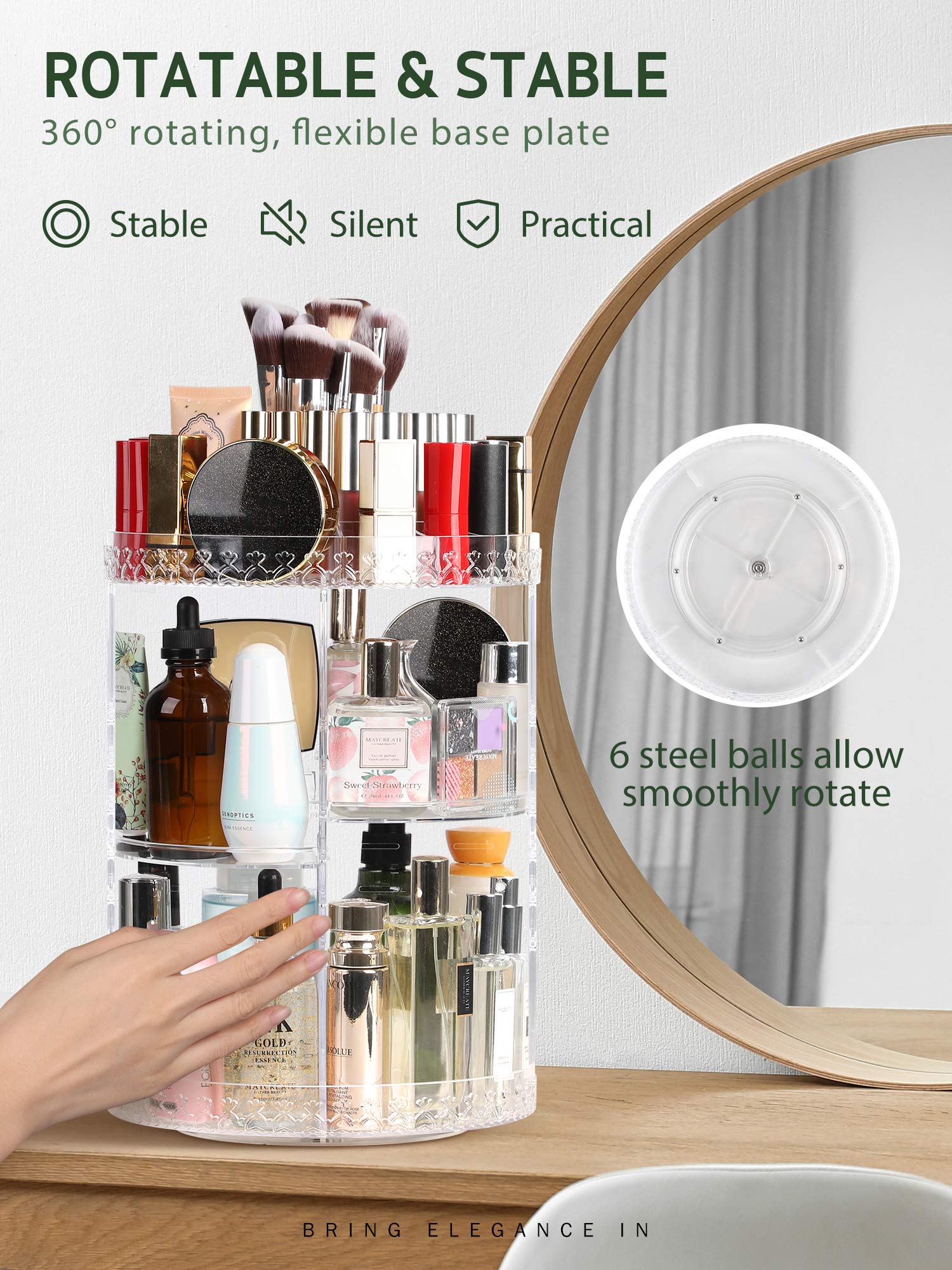 Syntus Rotating Makeup Organizer, 360 Adjustable Cosmetic Carousel Spinning Holder Rack, Large Capacity Makeup Storage Box Vanity Shelf Countertop for Bathroom, Lipsticks, Brushes, Clear
