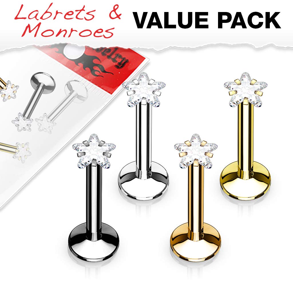WILDKLASS 4 Pcs Value Pack Internally Threaded Star Prong Top Gem Labret Monroe Titanium IP Over 316L Surgical Steel (16GA, L: 6mm, B: 3mm)