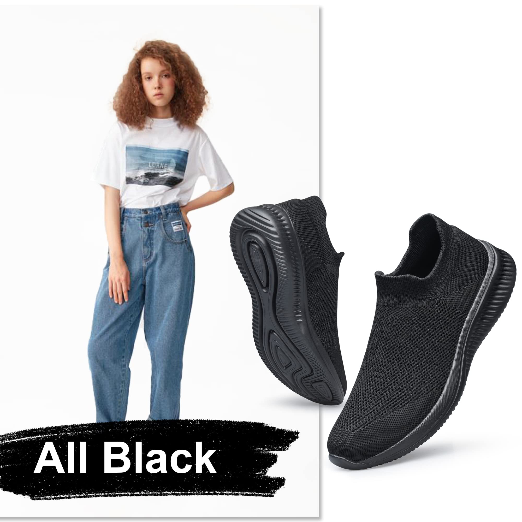 Women's Walking Shoes Sock Sneakers Slip on Work Shoes Zapatos de Mujer All Black Size 9