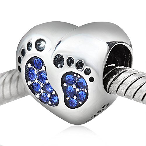 SOUKISS Footprint Heart Charm 925 Sterling Silver Christmas Family Love Bead Baby First Steps Charm for Bracelet (Sapphire)