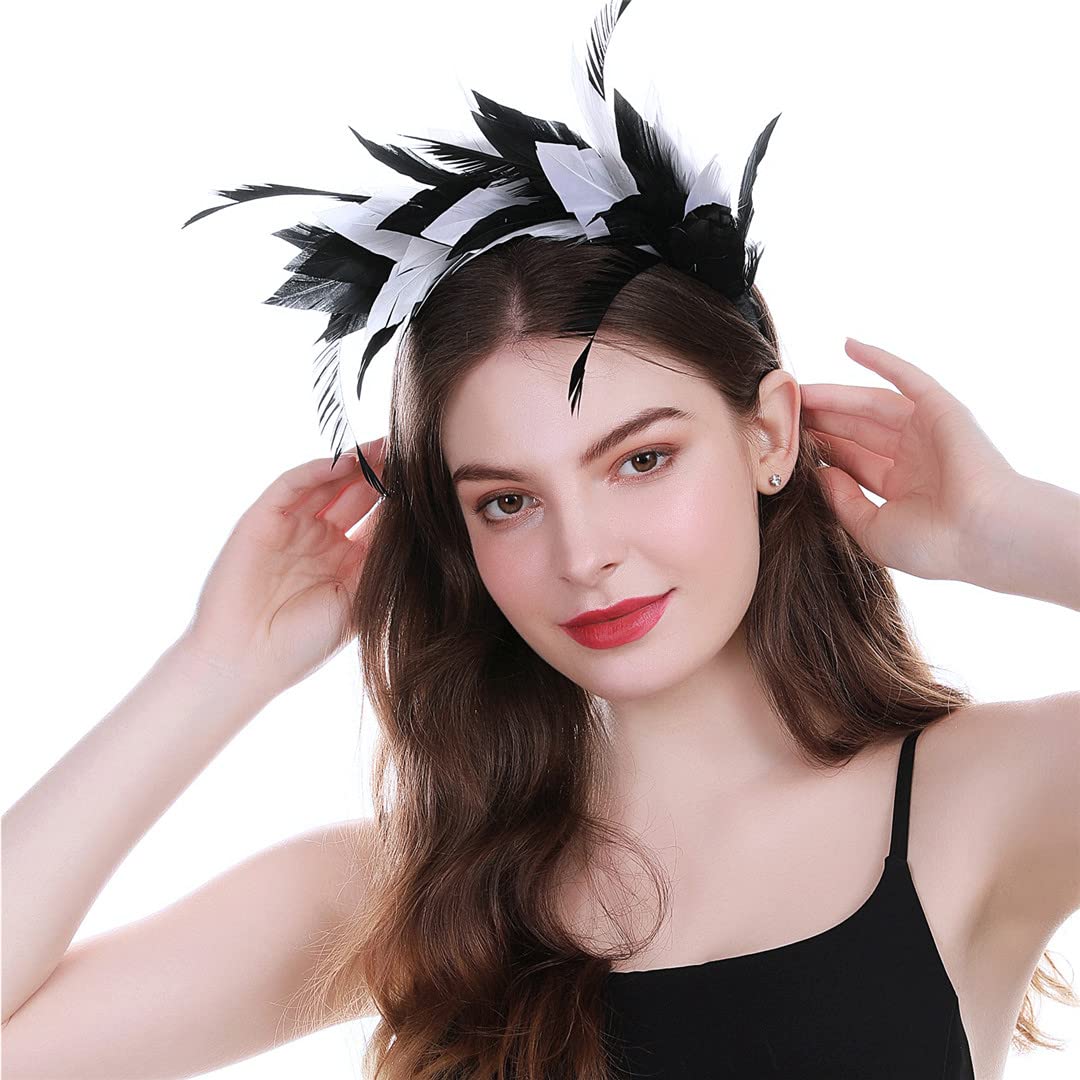 Vintage Feathers Headband 90S Female Headwear Solid Black Bridal Hair Accessories Feather Cocktail Hair Band White