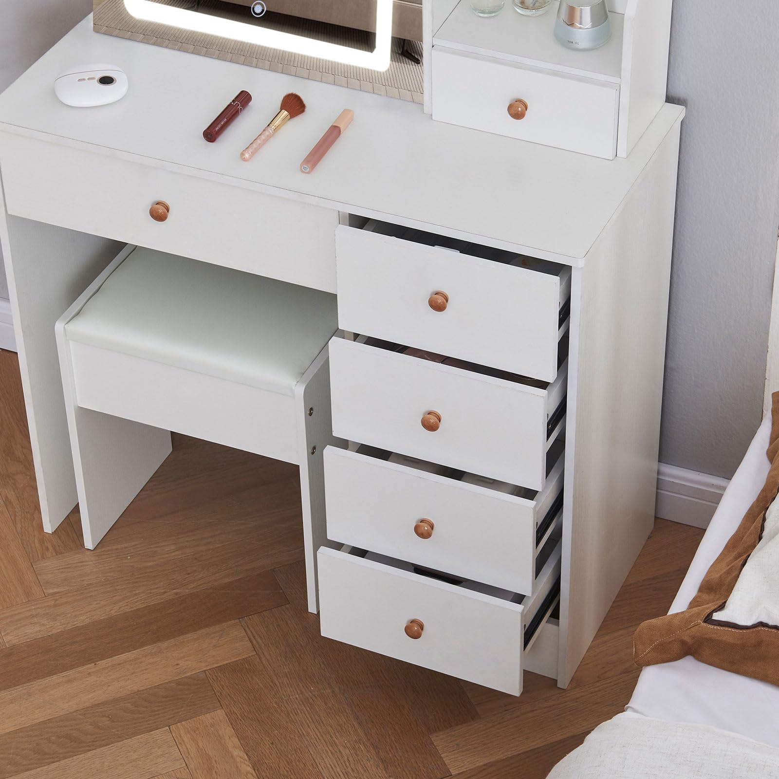Vanity Desk Makeup Dressing Table with LED Lighted Mirror Cushioned Stool Set 3 Color Lighting Modes Storage Shelves 5 Drawers Brightness Adjustable Modern for Women Girls Bedroom White