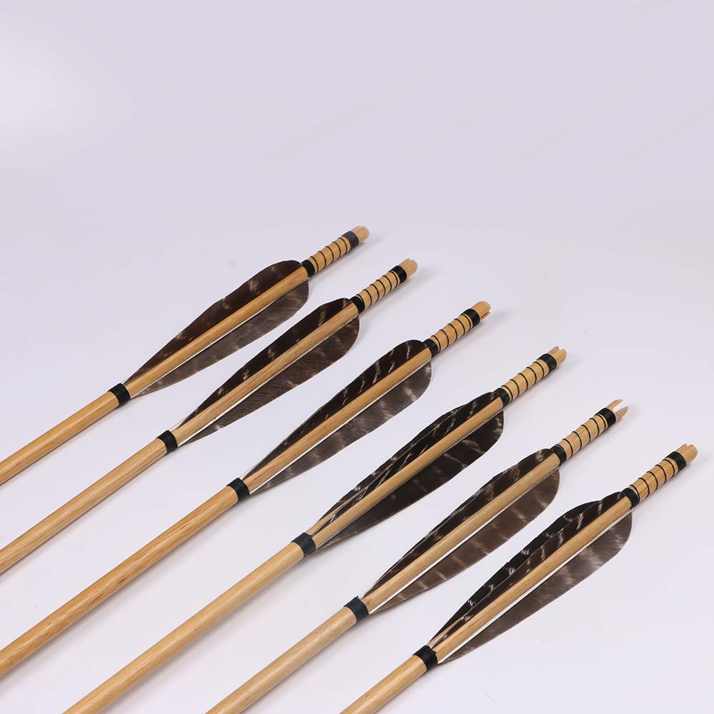TOPARCHERY Archery Wooden Arrows, 32 inch Traditional Hunting Practice Target Arrow 5 Inch Turkey Feathers Fletching Recurve Bow Longbow(Pack of 6)