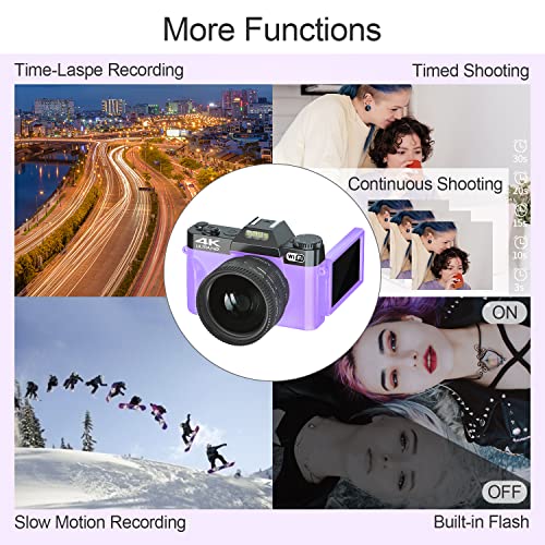 VJIANGER 4K Digital Camera 48MP Vlogging Camera for YouTube with 3.0ββ 180Β° Flip Screen, WiFi, 16X Digital Zoom, 52MM Wide Angle & Macro Lens, 2 Rechargeable Batteries, 32GB Micro SD Card(Purple31)