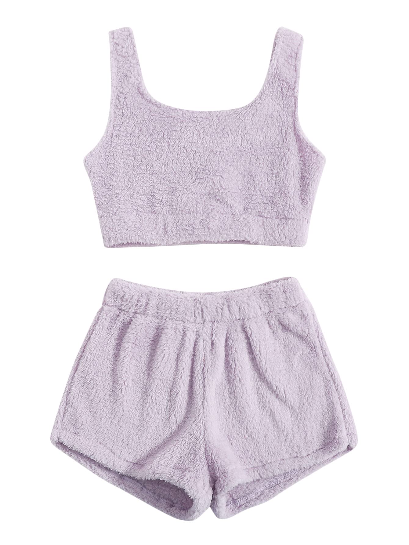 SweatyRocks Women's Fuzzy Pajamas Set Crop Tank Top with Shorts Loungewear Lilac Purple M