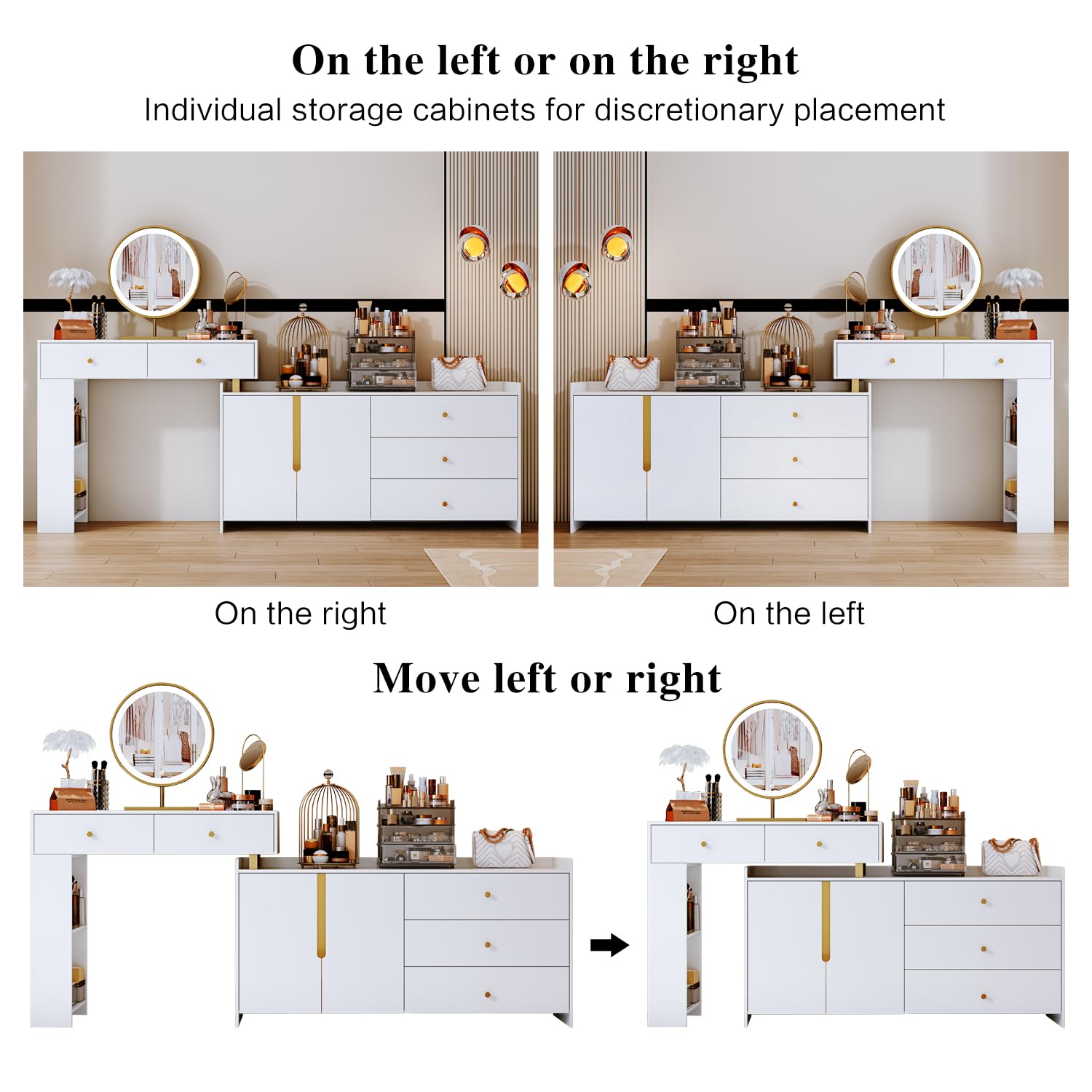 Vanity desk with mirror and lights, 3 Color Touch Screen,Modern Retractable Makeup Dressing Table with Adjustable Cabinet and 5 Sliding Drawers,Vanity Table Set ,Writing Desk Bedroom Essential,White